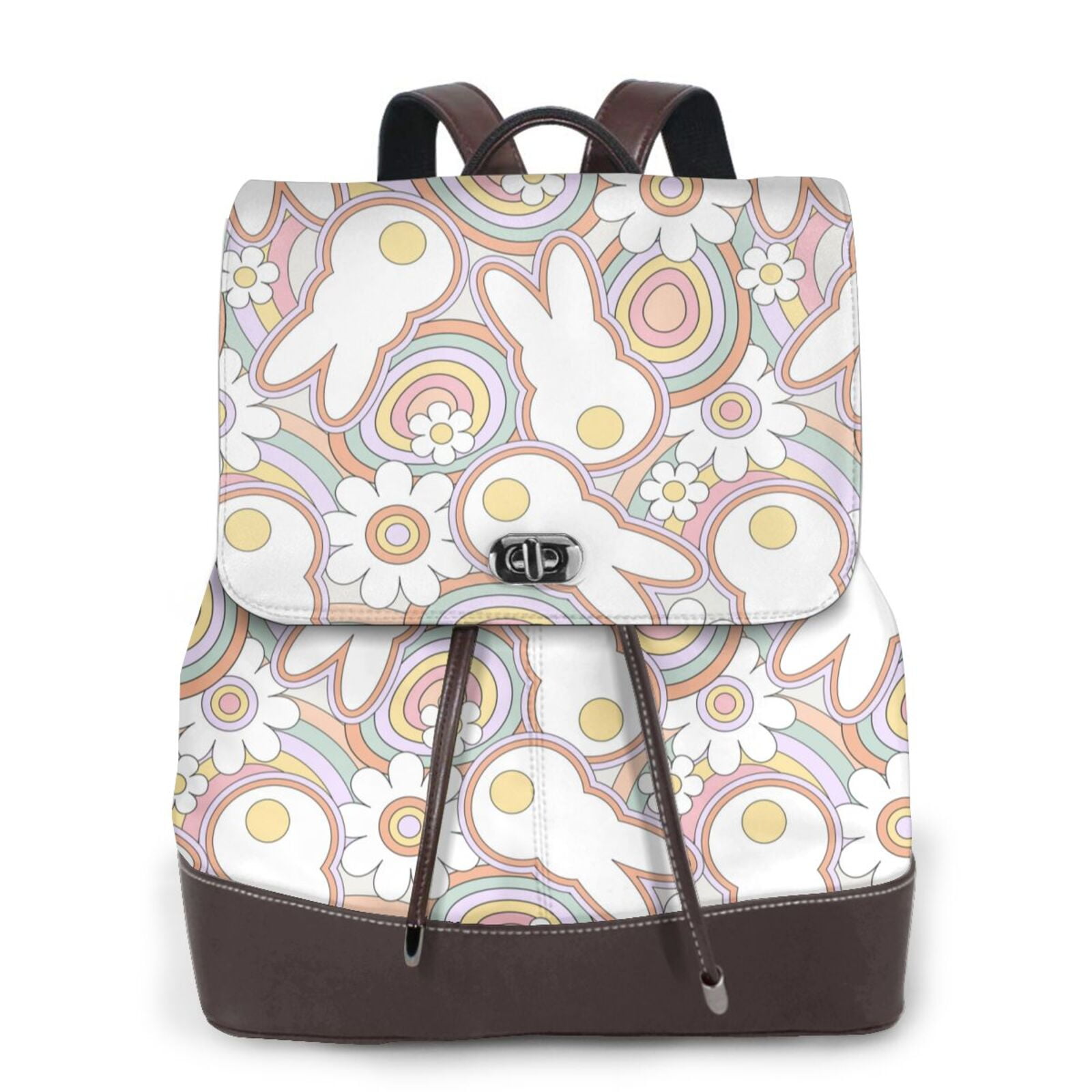 Hirioo Retro Hippie Groovy Easter bunny for Womens Backpack Leather ...