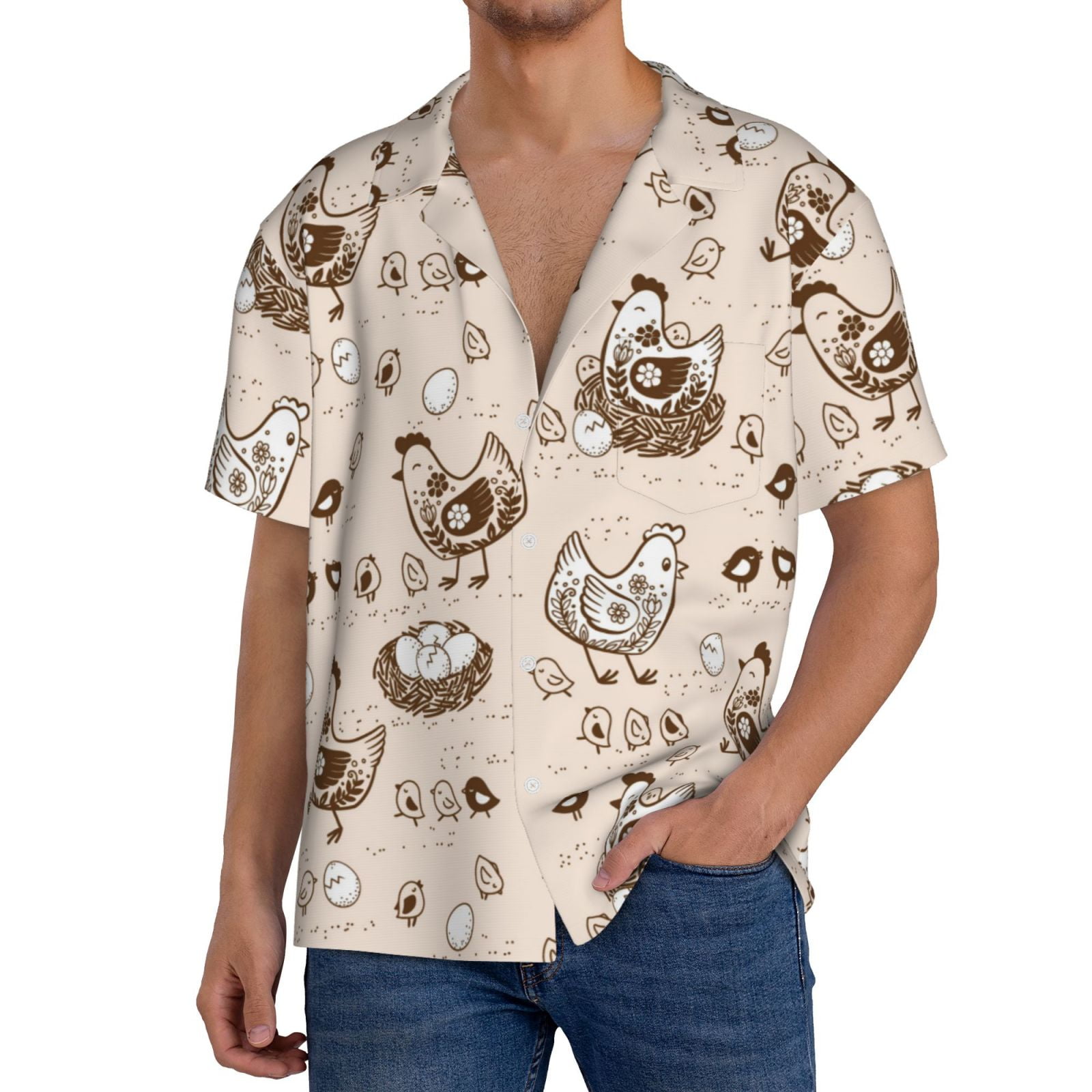 Hirioo Retro Rooster for Men's Cuban Collar Short Sleeve Shirt Button ...