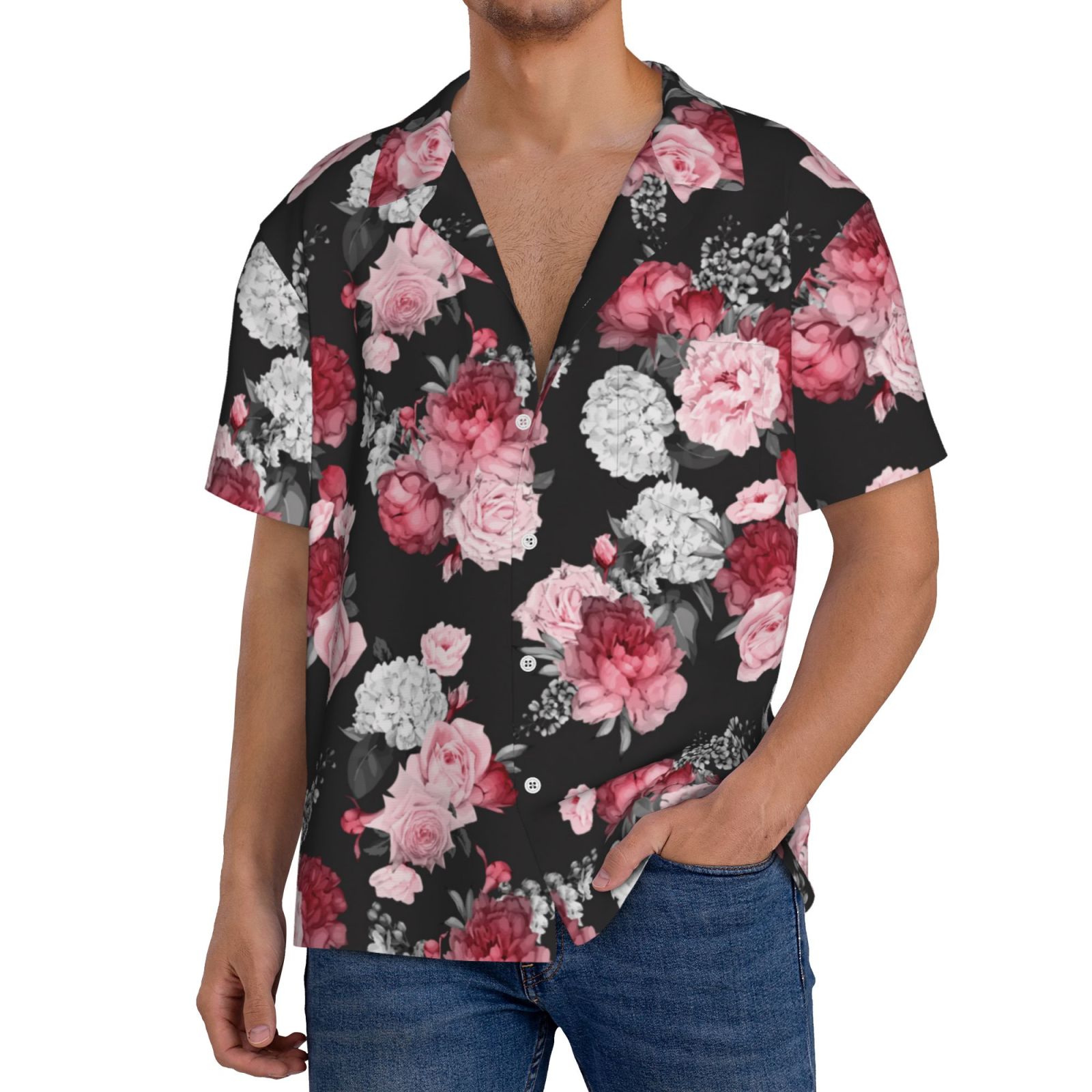 Hirioo Rose Flowers for Men's Cuban Collar Short Sleeve Shirt Button ...