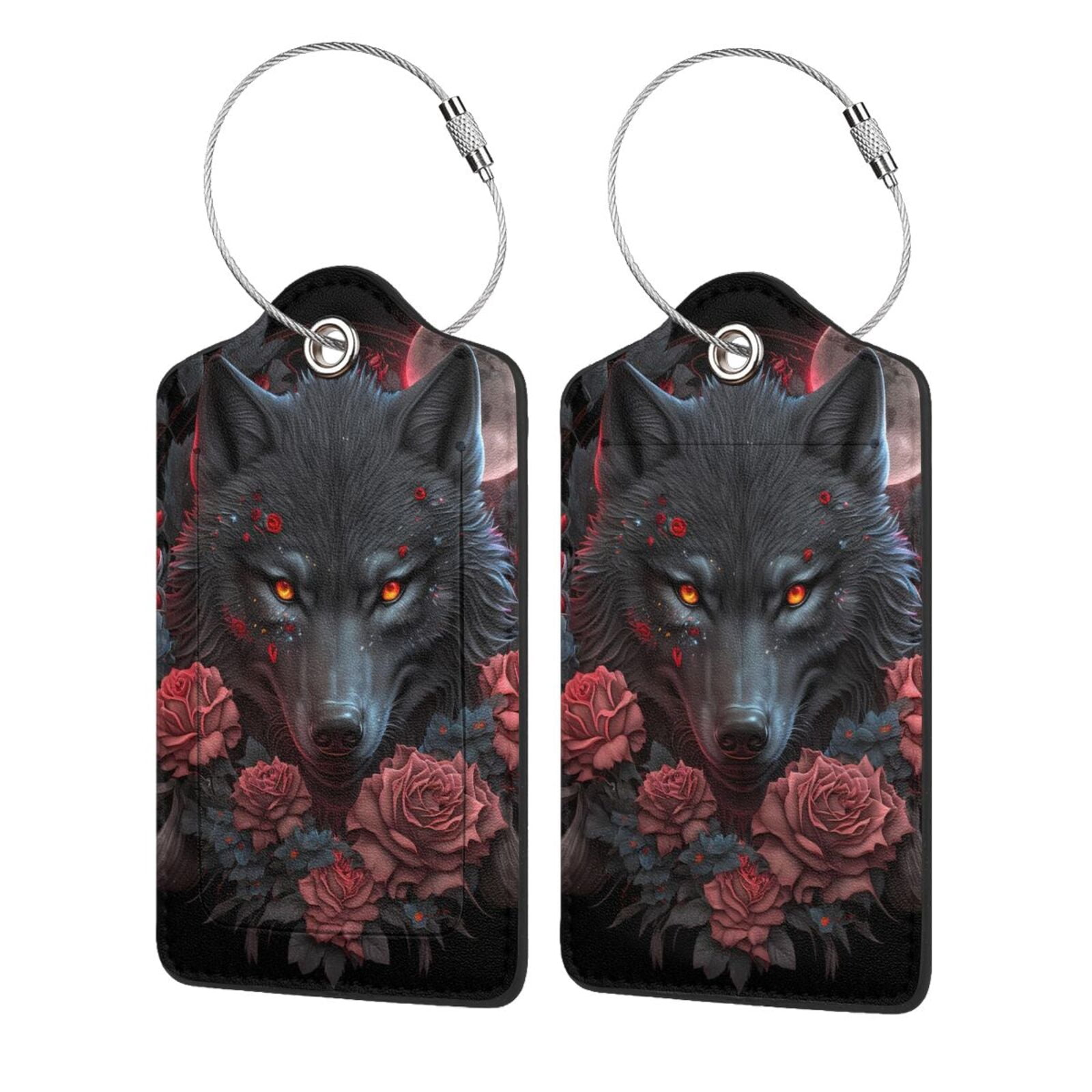 Hirioo Rose Full Moon Black Wolf Print Leather Luggage Tag with ...