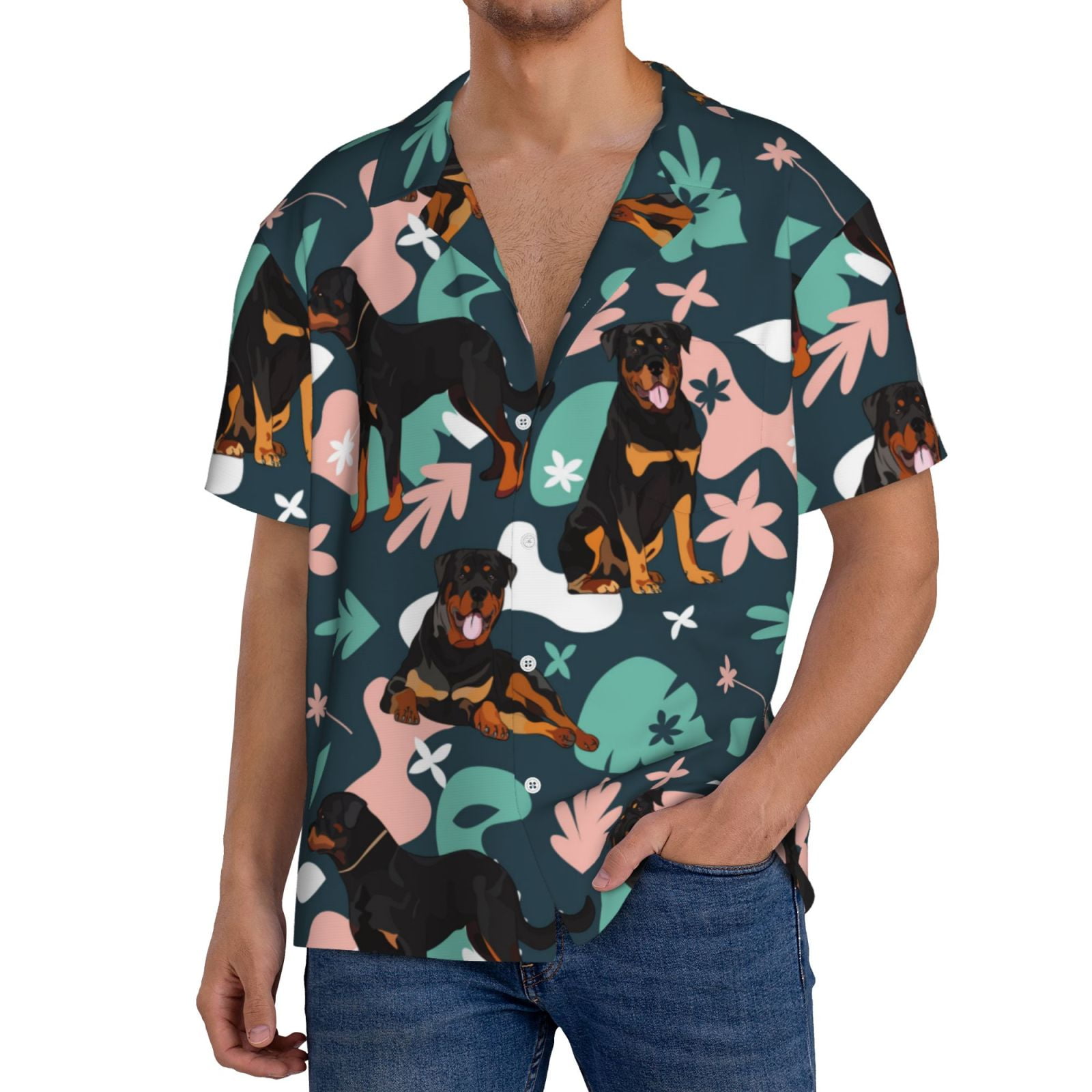 Hirioo Rottweiler for Men's Cuban Collar Short Sleeve Shirt Button Down ...