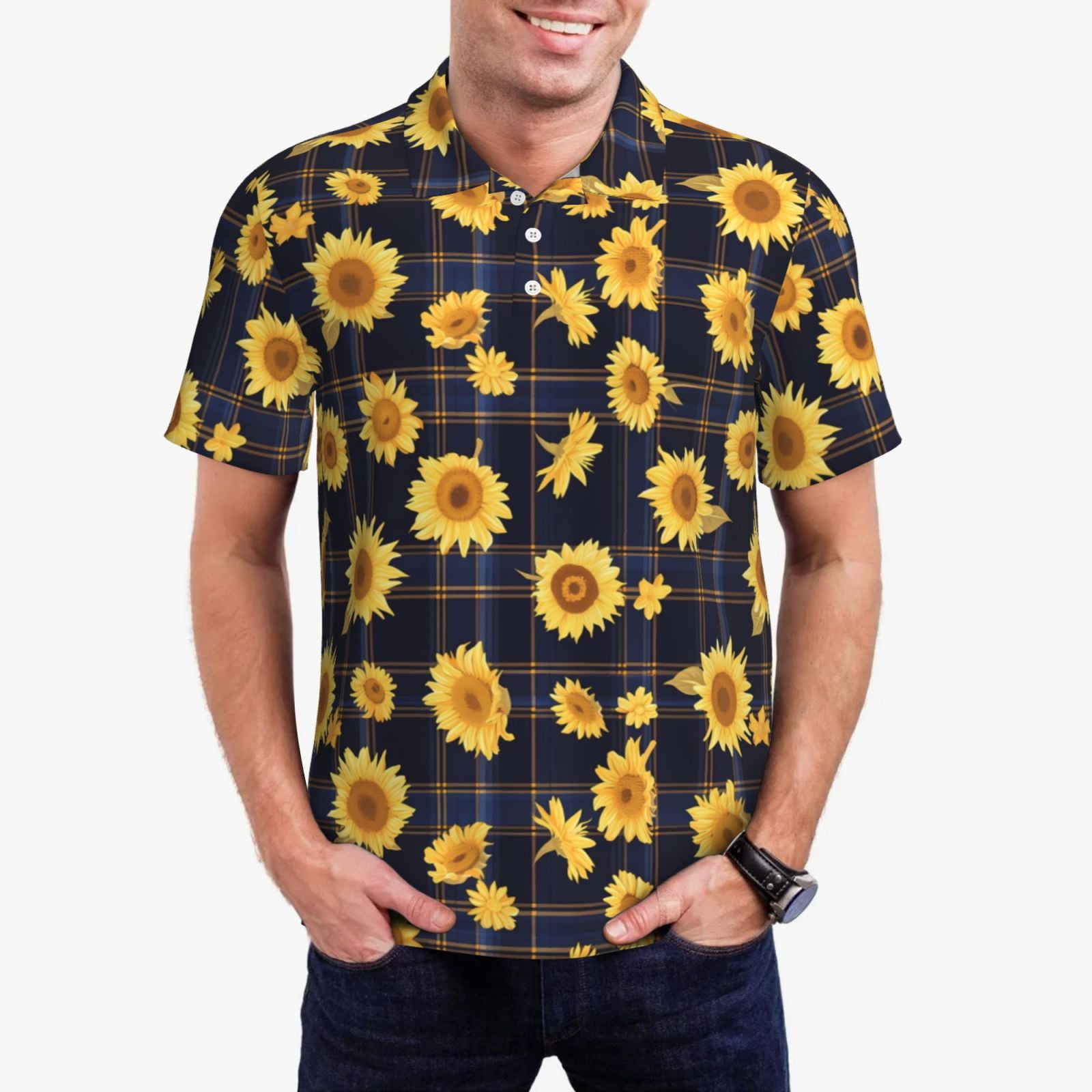 Hirioo Royal Blue Plaid Sunflower for Men’s Polo Shirts Quick Dry Short ...