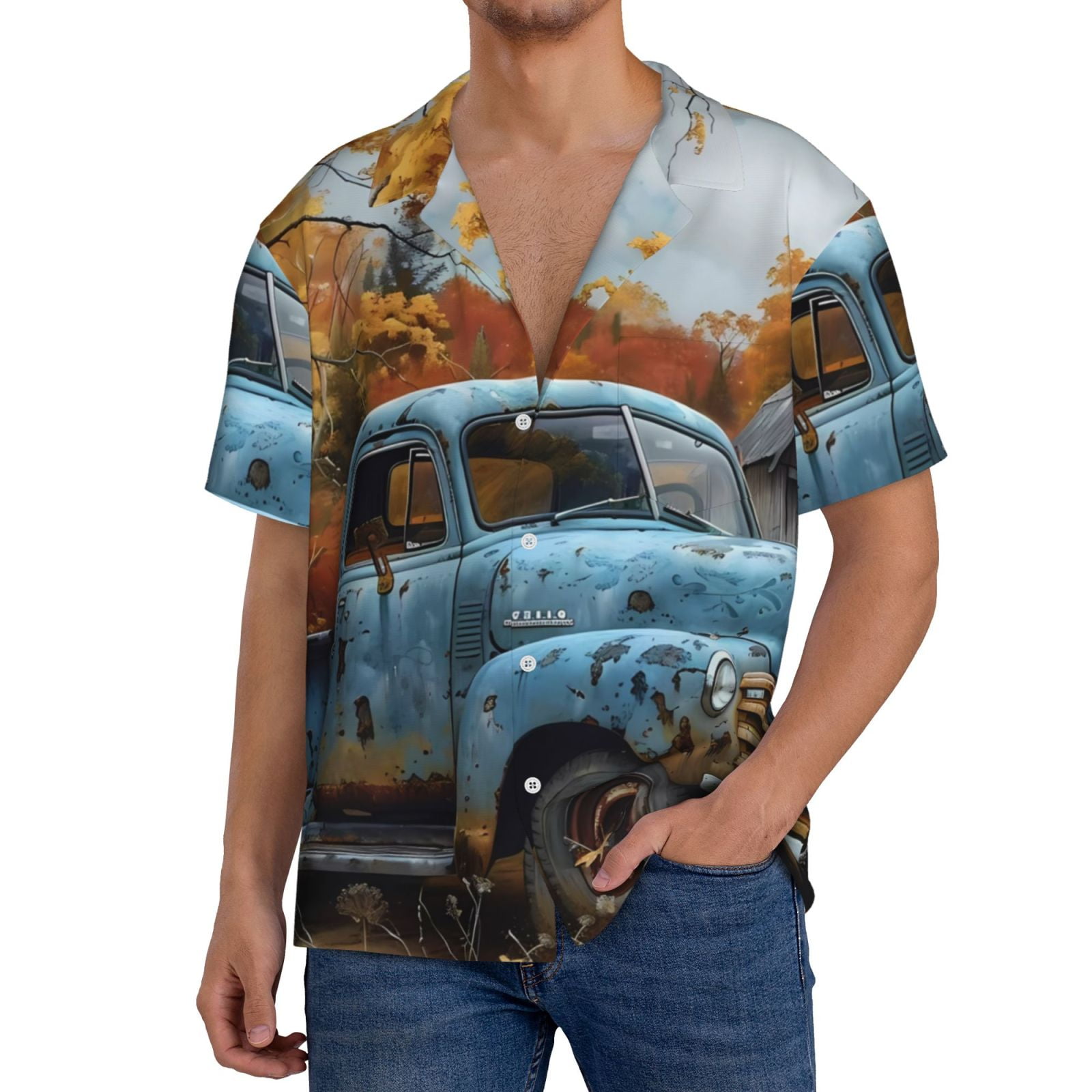 Hirioo Rustic Vintage Truck Autumn for Men's Cuban Collar Short Sleeve ...