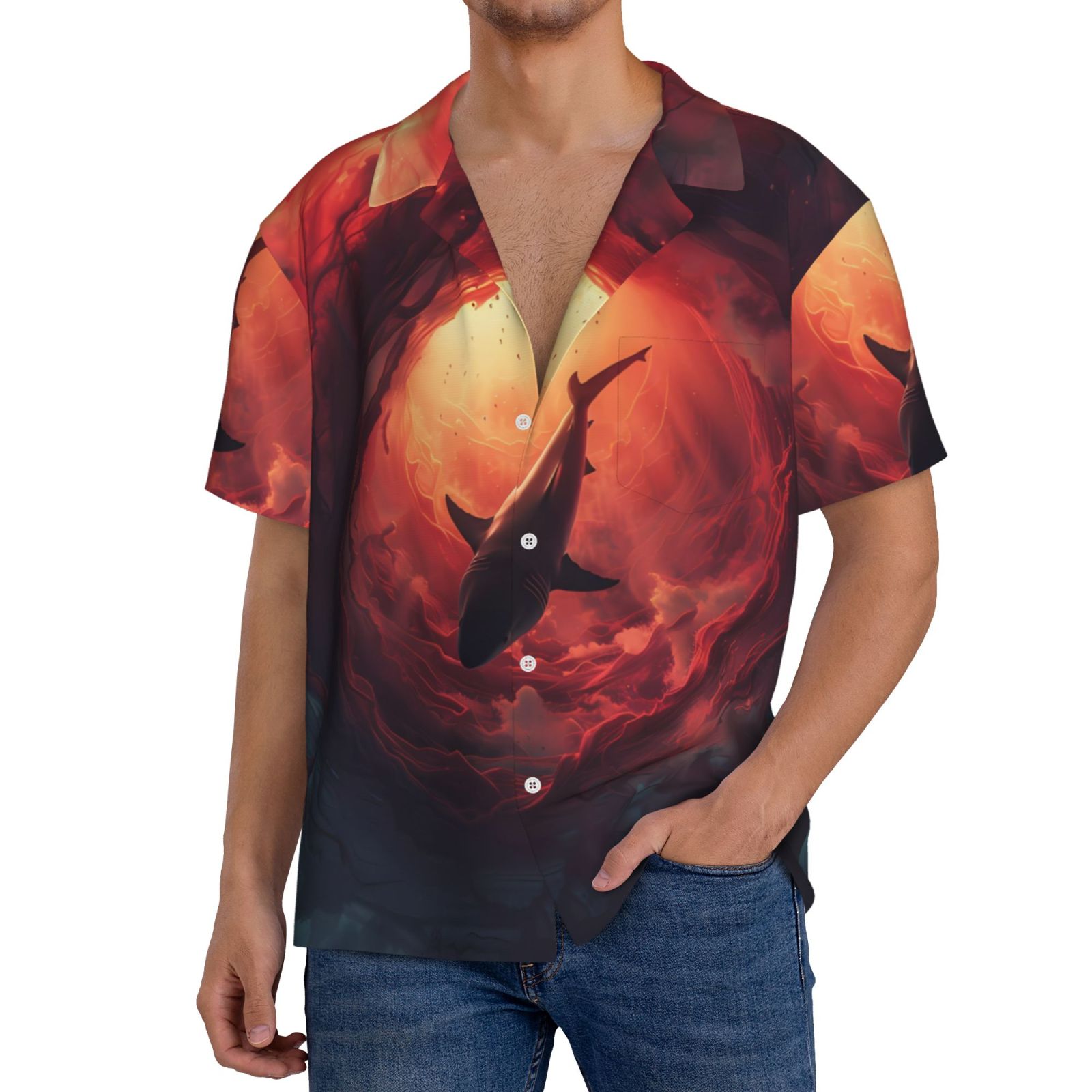 Hirioo Shark Underwater Vortex for Men's Cuban Collar Short Sleeve ...