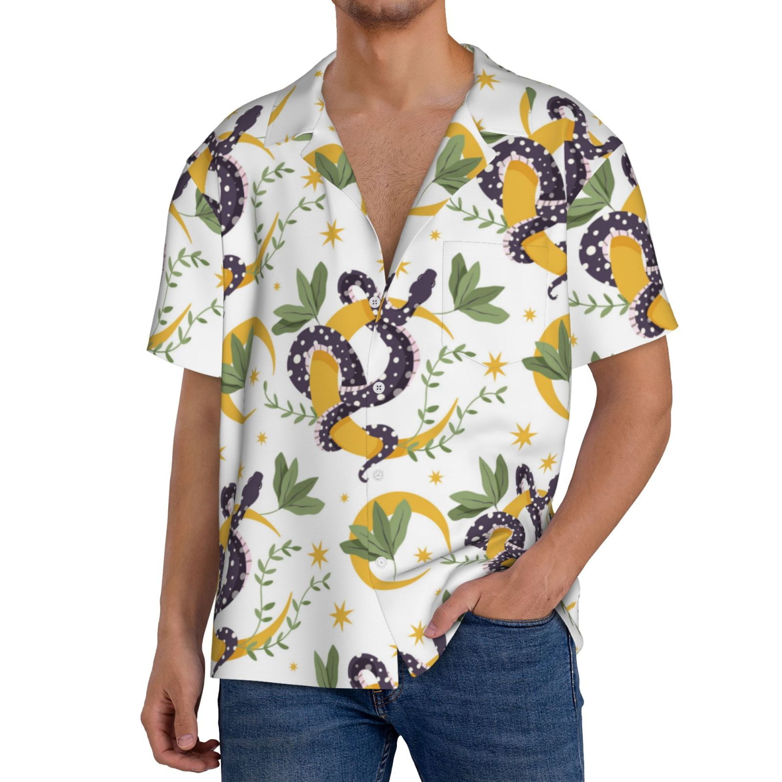 Hirioo Snake And Moon for Men's Cuban Collar Short Sleeve Shirt Button Down Shirt Beach Summer ...