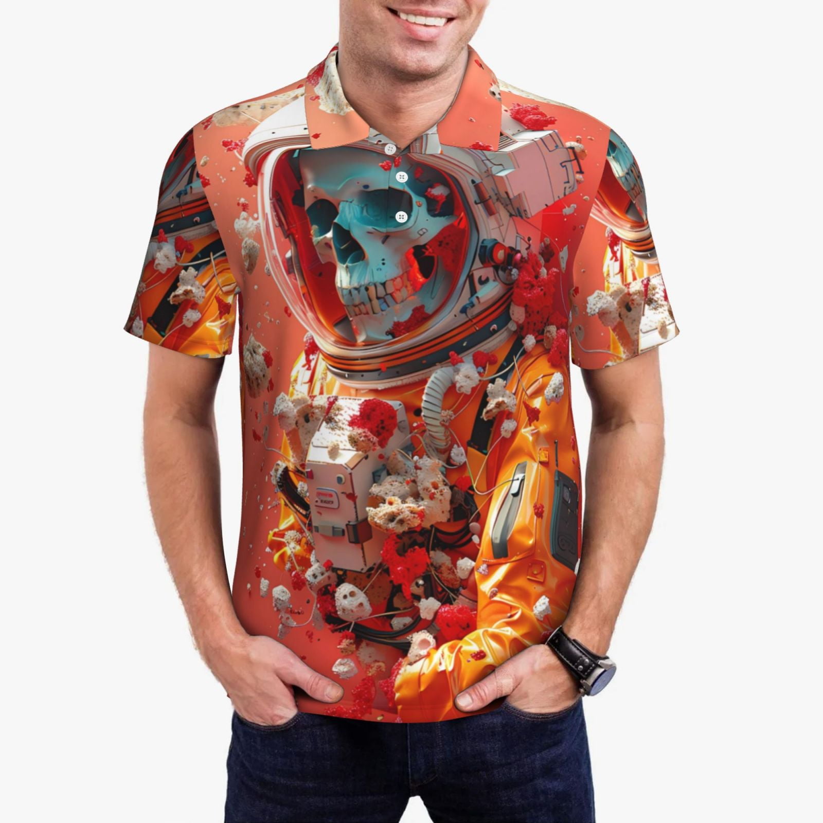 Hirioo Space Skeleton Art for Men’s Polo Shirts Quick Dry Short Sleeve ...