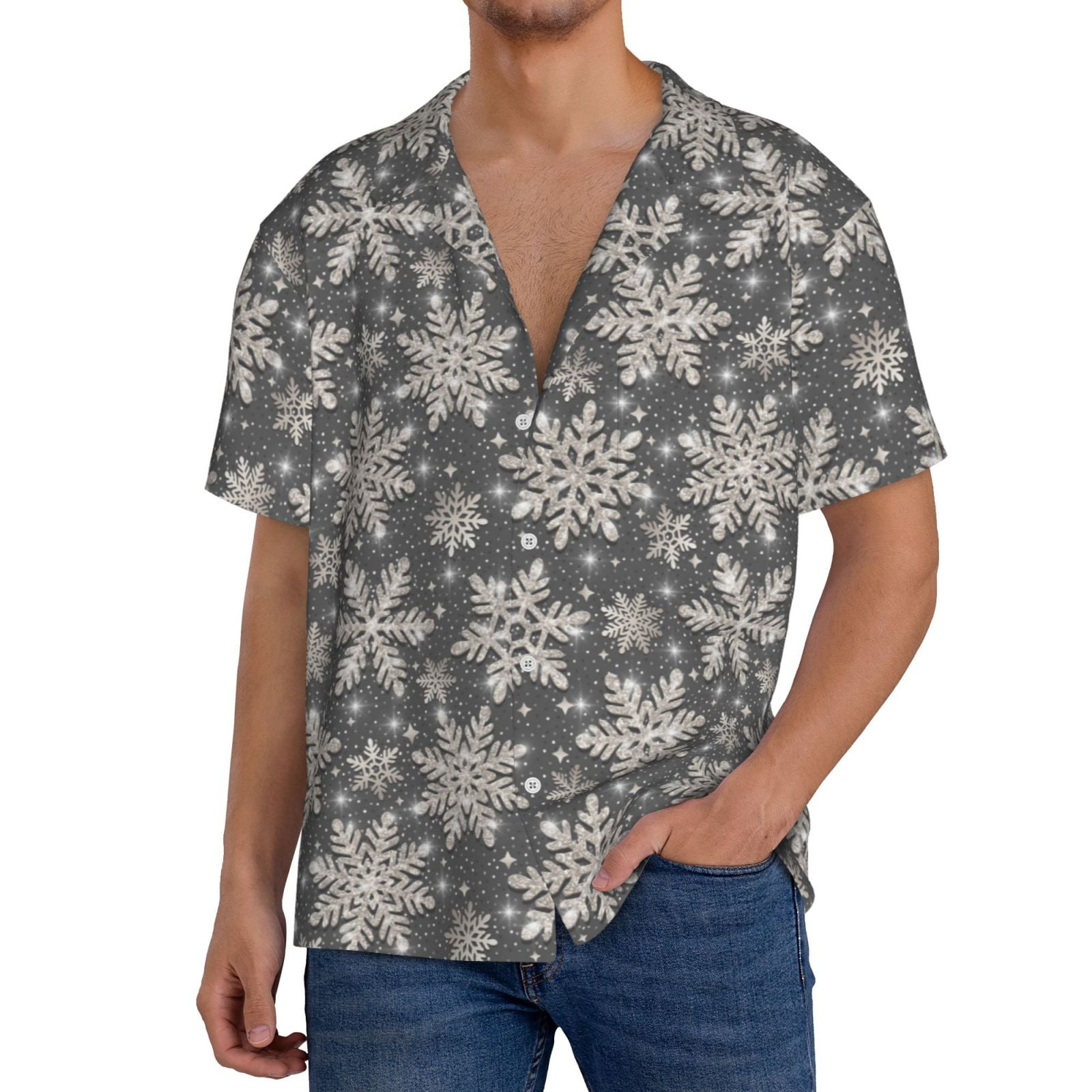 Hirioo Sparkling Snowflakes for Men's Cuban Collar Short Sleeve Shirt ...