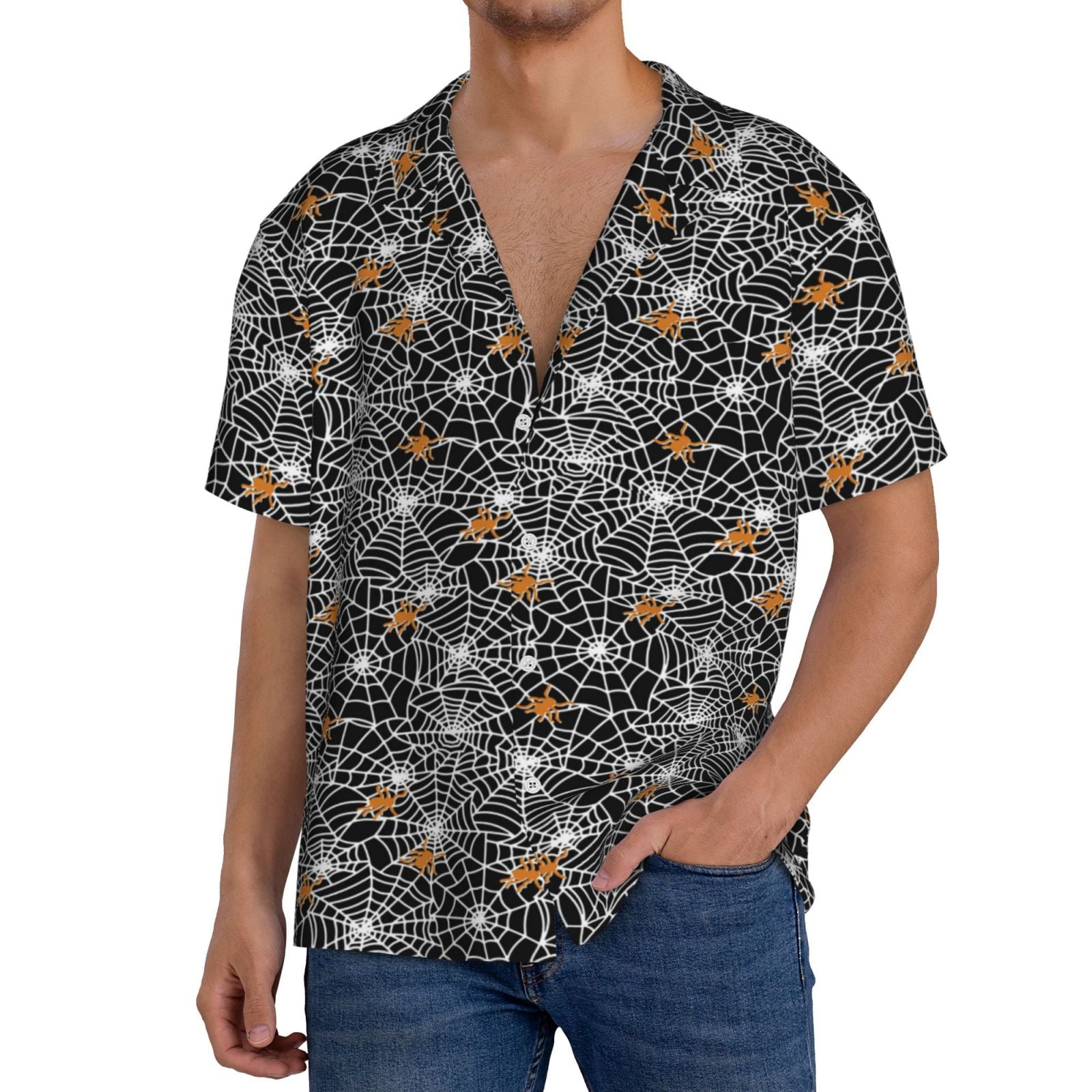 Hirioo Spider Cobweb for Men's Cuban Collar Short Sleeve Shirt Button ...