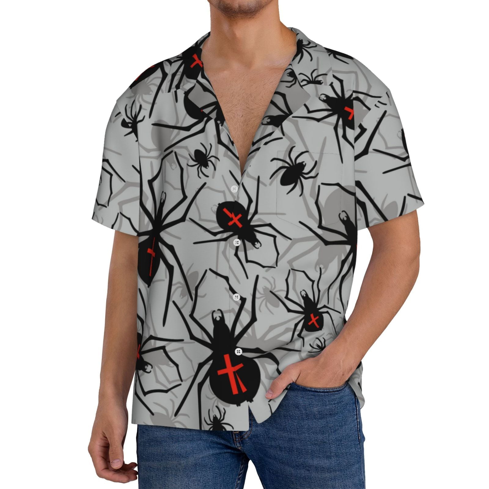Hirioo Spiders for Men's Cuban Collar Short Sleeve Shirt Button Down ...