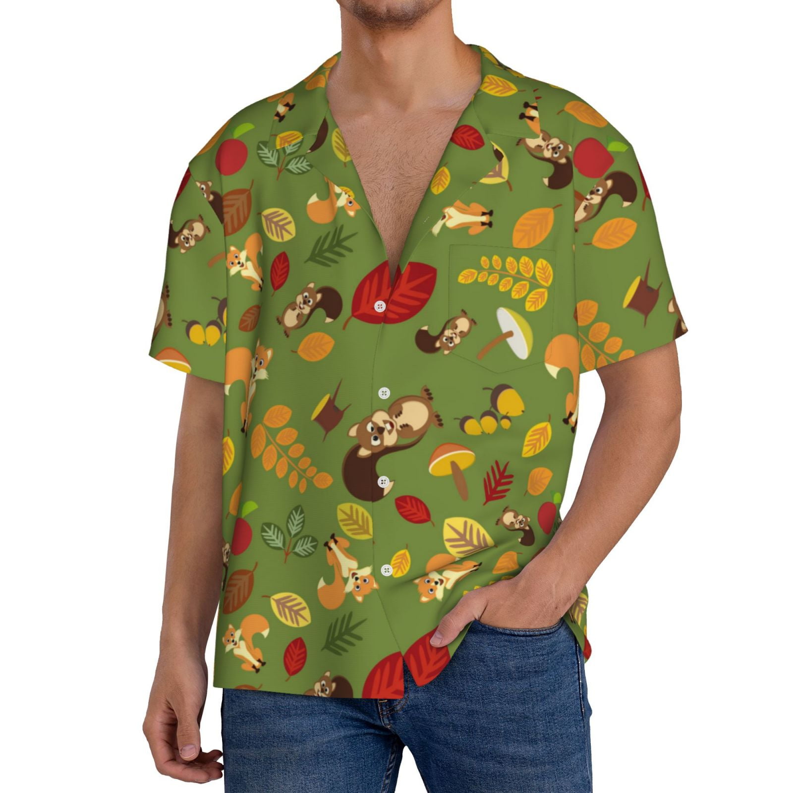 Hirioo Squirrel And Fox In The Forest for Men's Cuban Collar Short ...