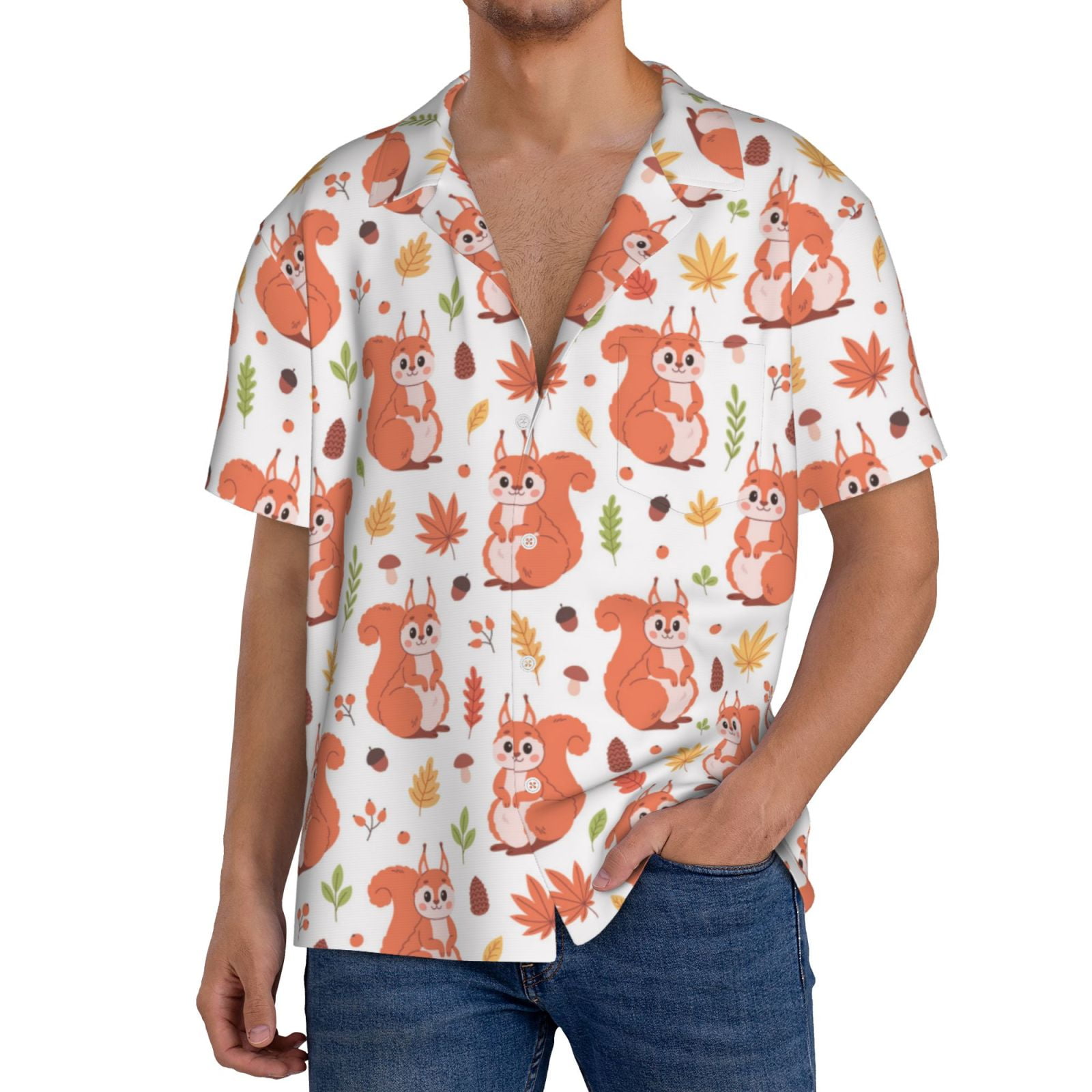 Hirioo Squirrel And Maple Leaf for Men's Cuban Collar Short Sleeve ...