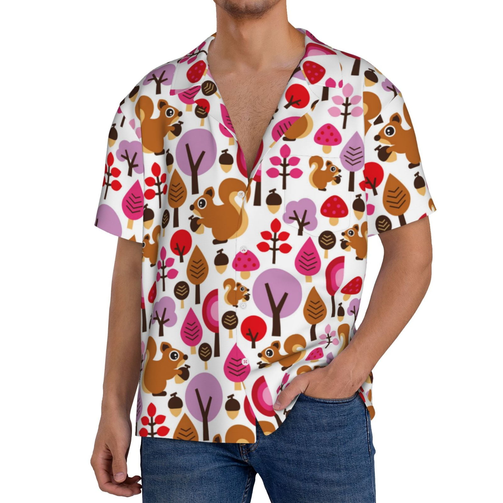 Hirioo Squirrel In The Forest for Men's Cuban Collar Short Sleeve Shirt ...