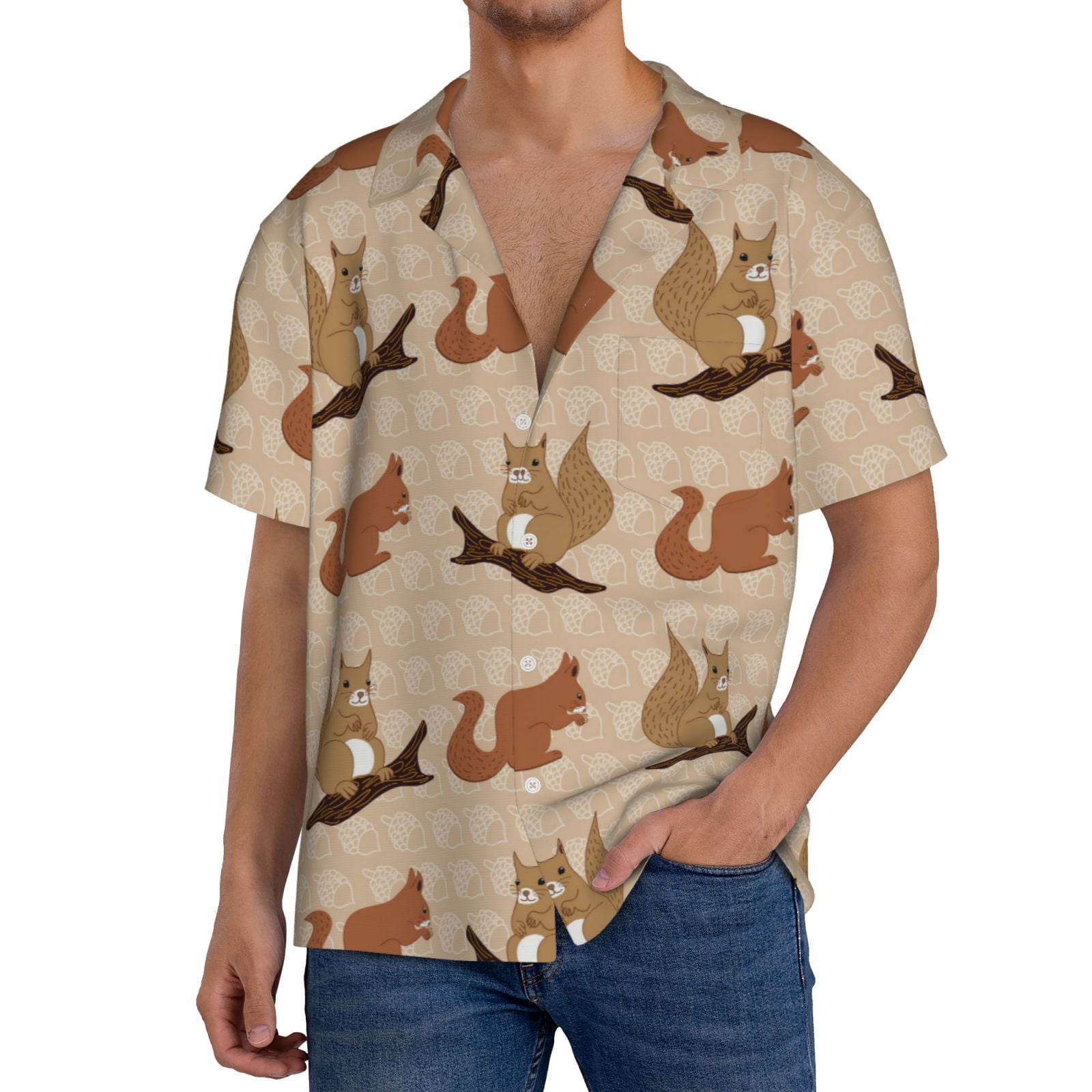 Hirioo Squirrel nut backgrounds for Men's Cuban Collar Short Sleeve ...