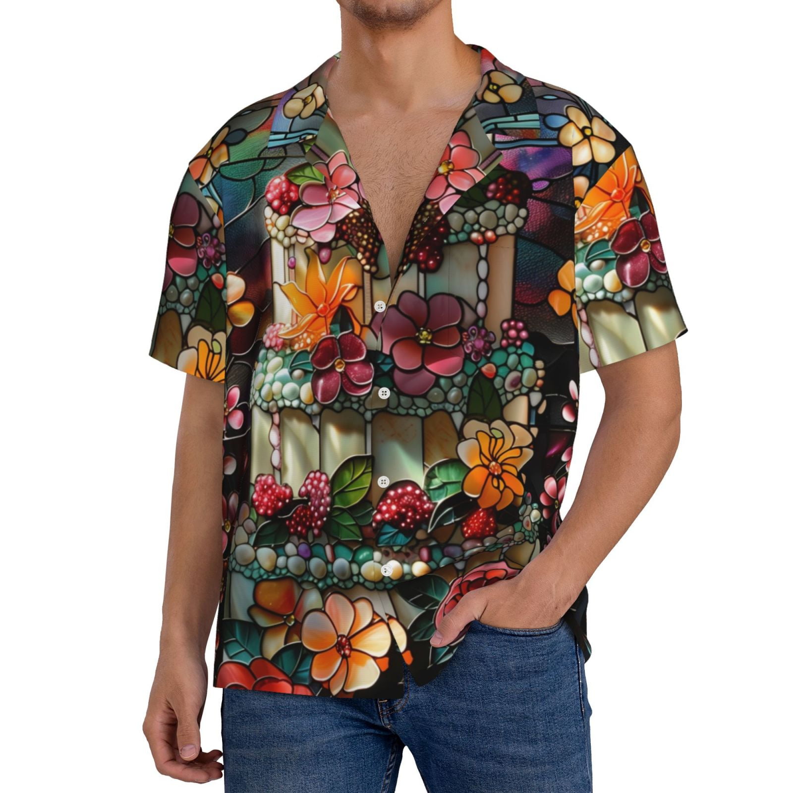 Hirioo Stained Glass Floral Cake for Men's Cuban Collar Short Sleeve ...