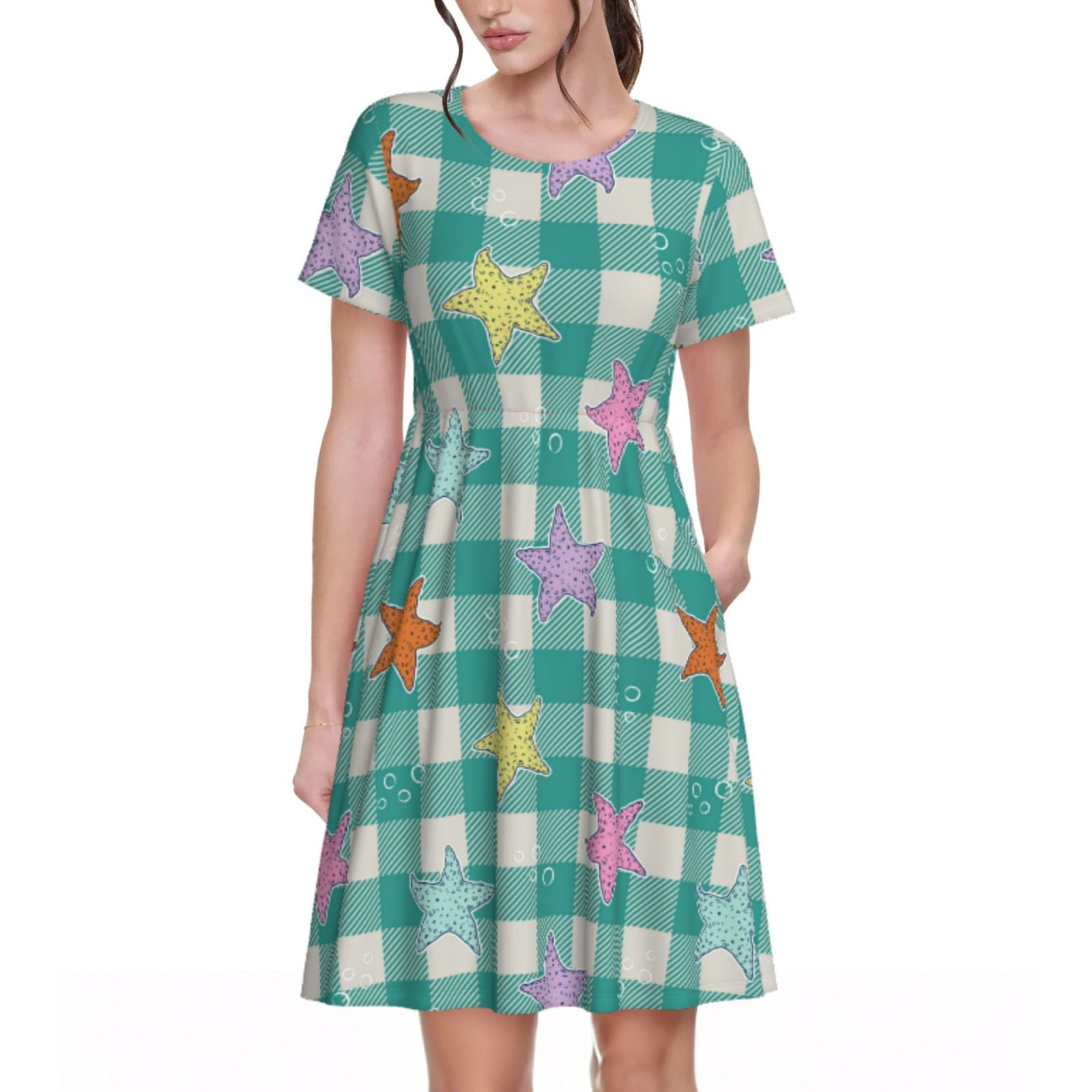 Hirioo Starfish On Checkered Background for Short Sleeve Dress Women's ...