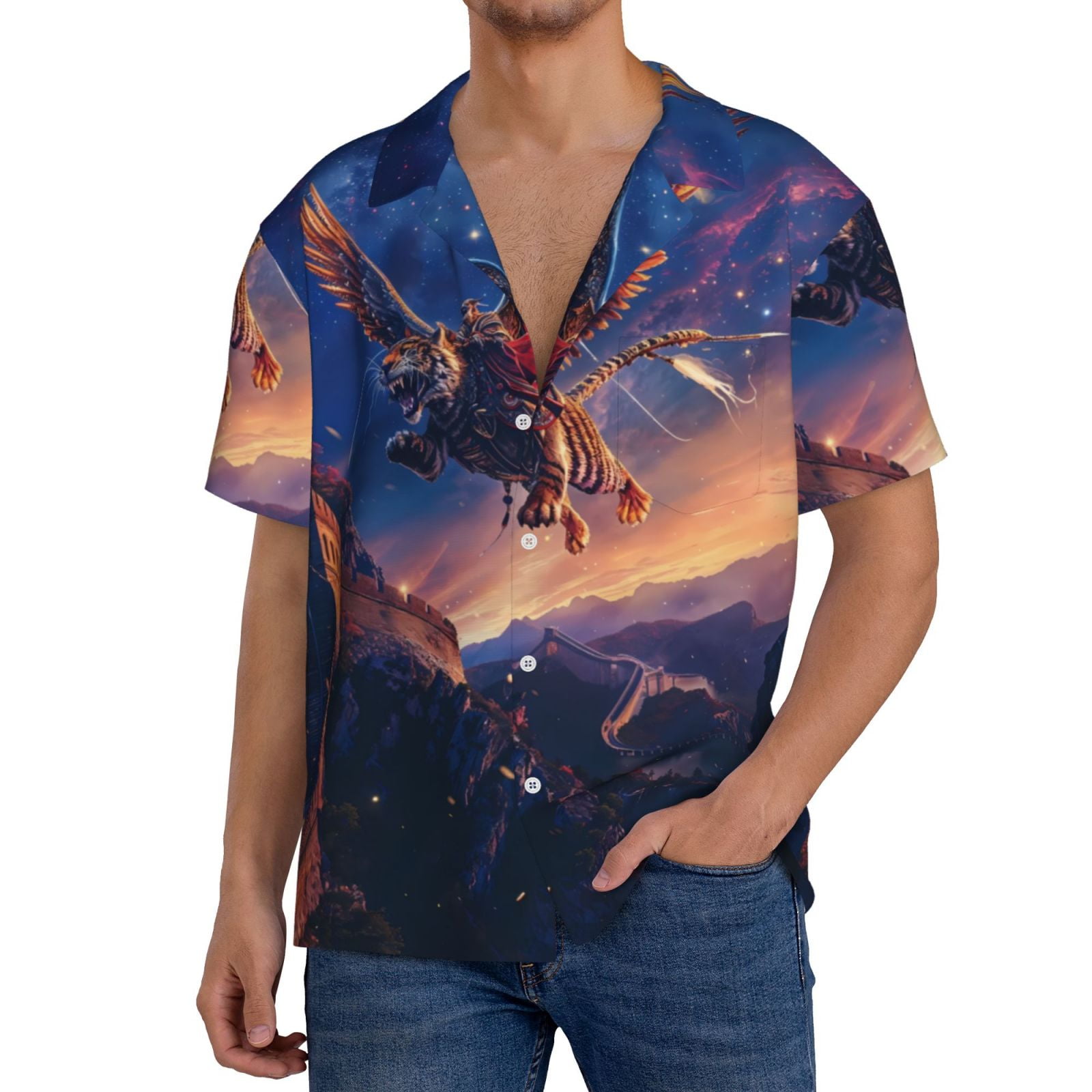 Hirioo Starry Sky Flying Tiger for Men's Cuban Collar Short Sleeve Shirt Button Down Shirt Beach ...