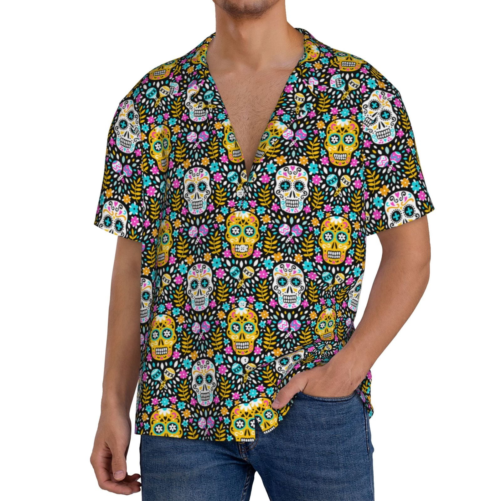 Hirioo Sugar Skulls for Men's Cuban Collar Short Sleeve Shirt Button ...