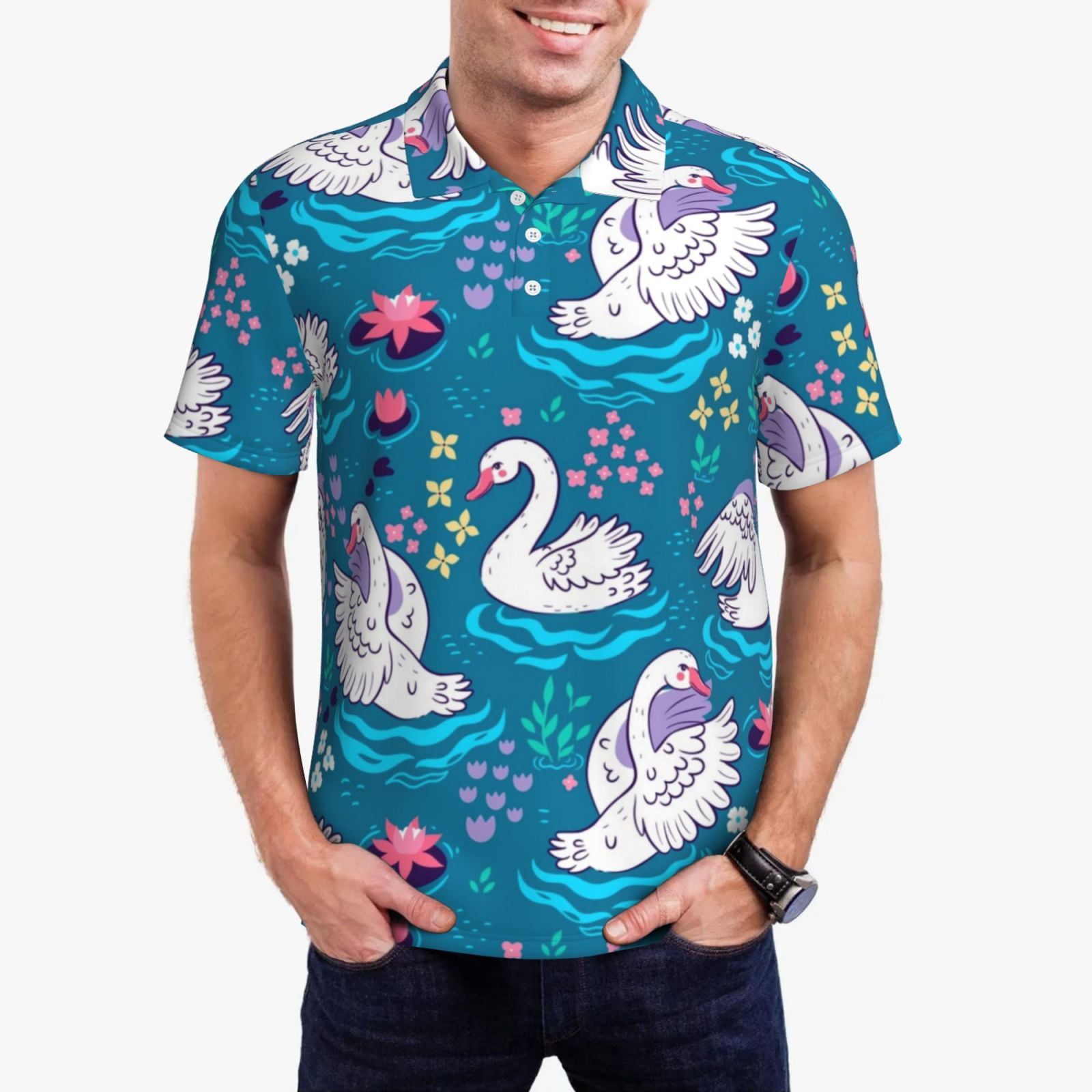 Hirioo Swan On The Pond for Men’s Polo Shirts Quick Dry Short Sleeve ...