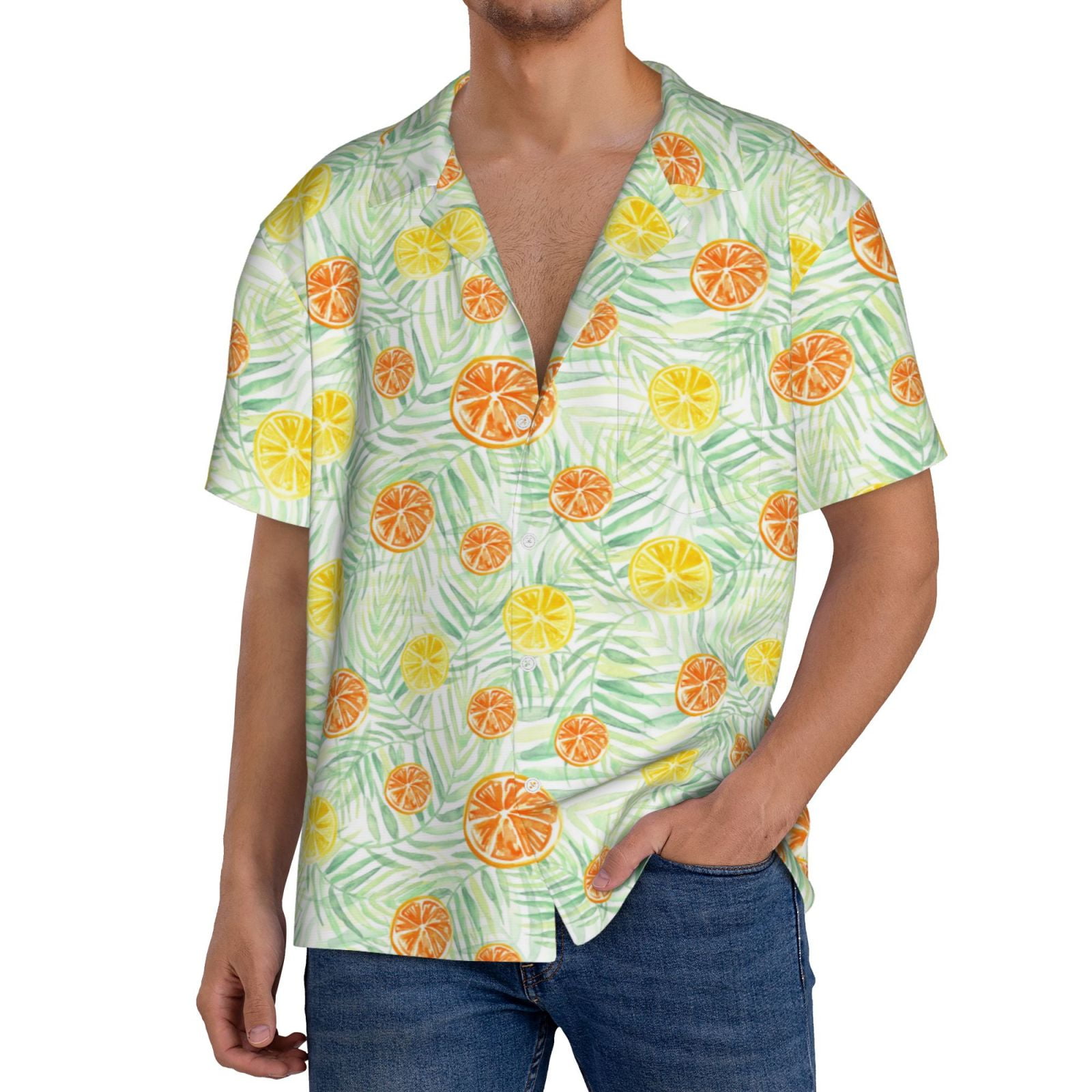 Hirioo Tree Palms Lemon for Men's Cuban Collar Short Sleeve Shirt ...