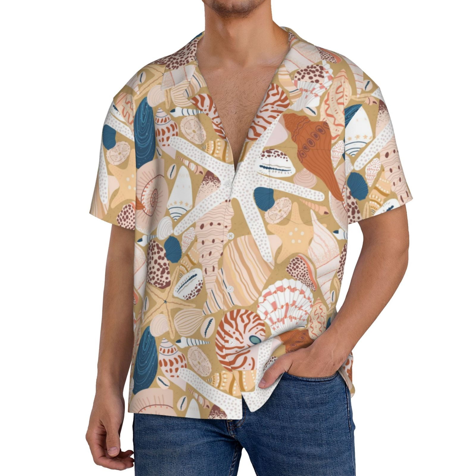 Hirioo Tropical Beach Sea Shell for Men's Cuban Collar Short Sleeve ...
