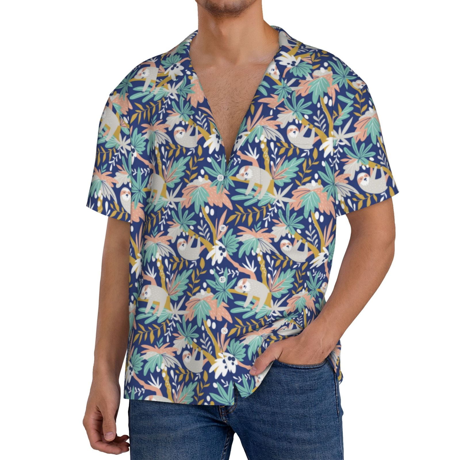 Hirioo Tropical Sloth for Men's Cuban Collar Short Sleeve Shirt Button ...