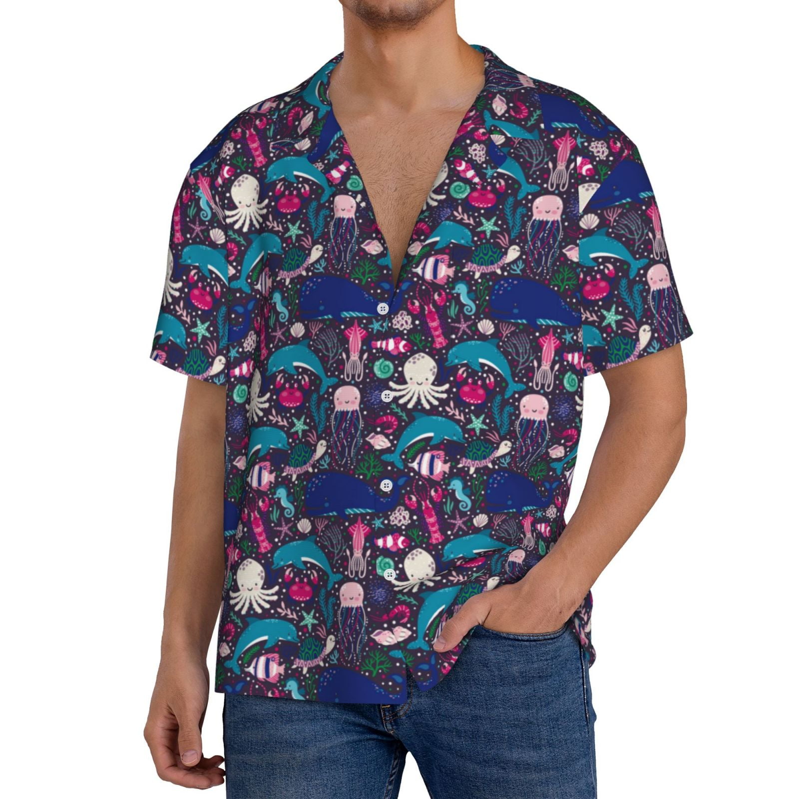 Hirioo Underwater Animals for Men's Cuban Collar Short Sleeve Shirt ...