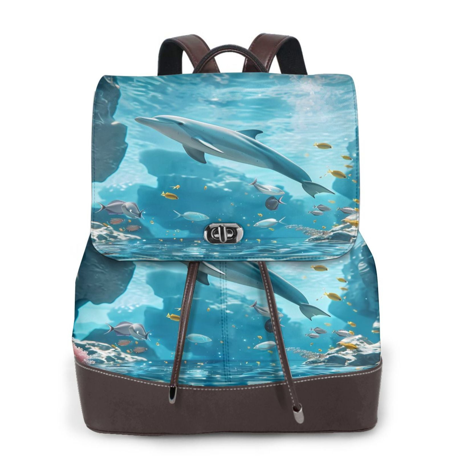 Hirioo Underwater Dolphin Scene for Womens Backpack Leather Backpack ...