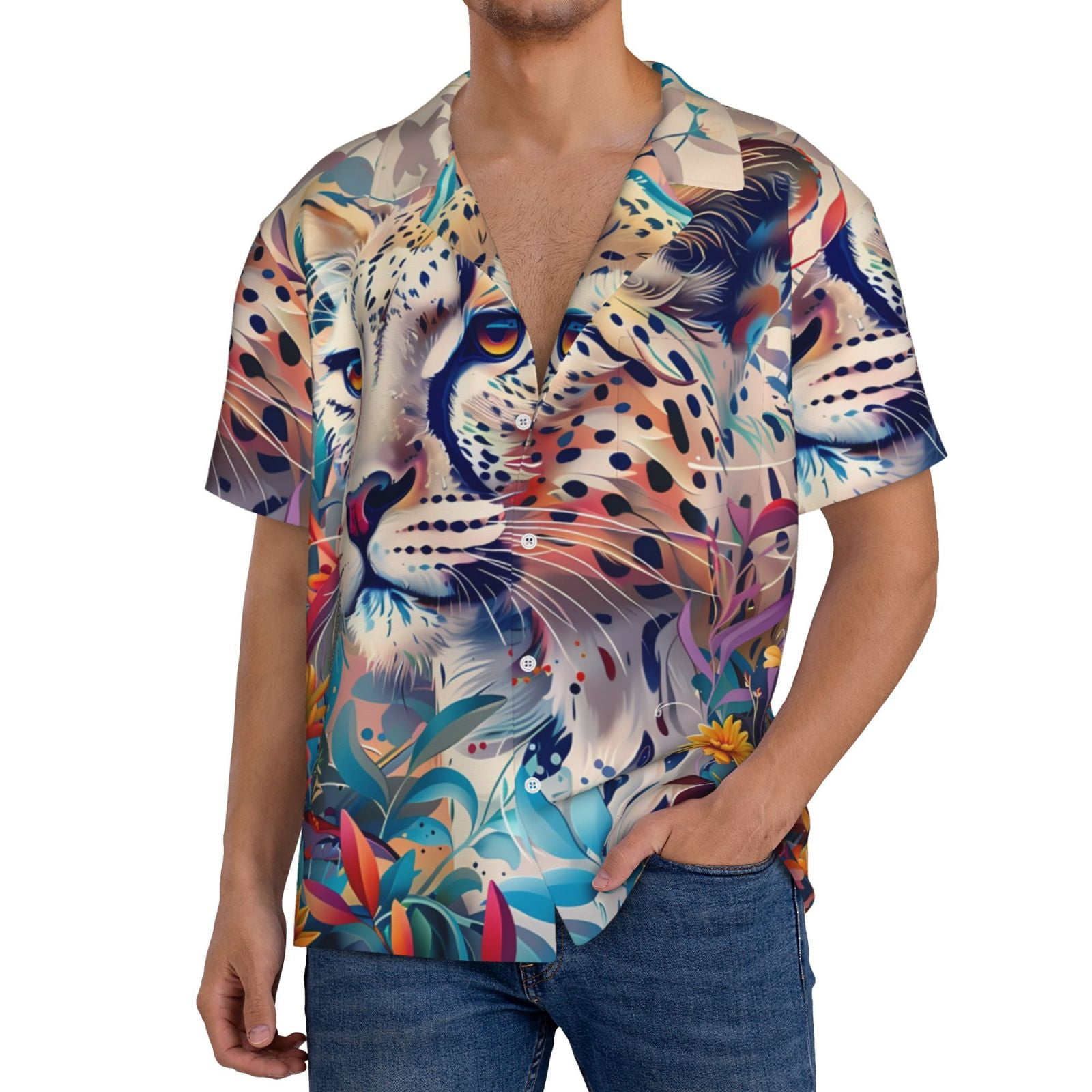 Hirioo Vibrant Leopard In Flowers for Men's Cuban Collar Short Sleeve ...