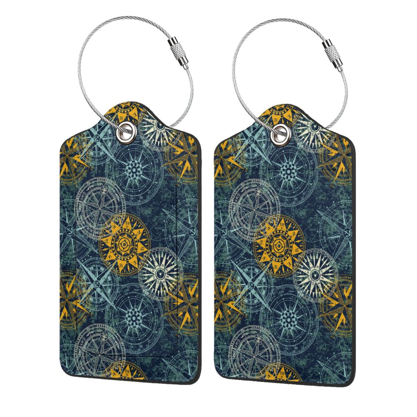 Hirioo Vintage Compass Print Leather Luggage Tag with Stainless Steel ...