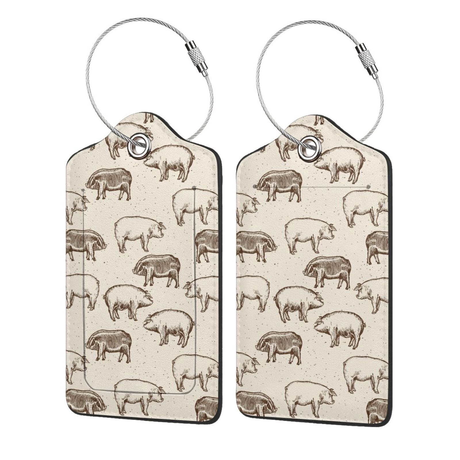 Hirioo Vintage Farm Pigs Print Leather Luggage Tag with Stainless Steel ...
