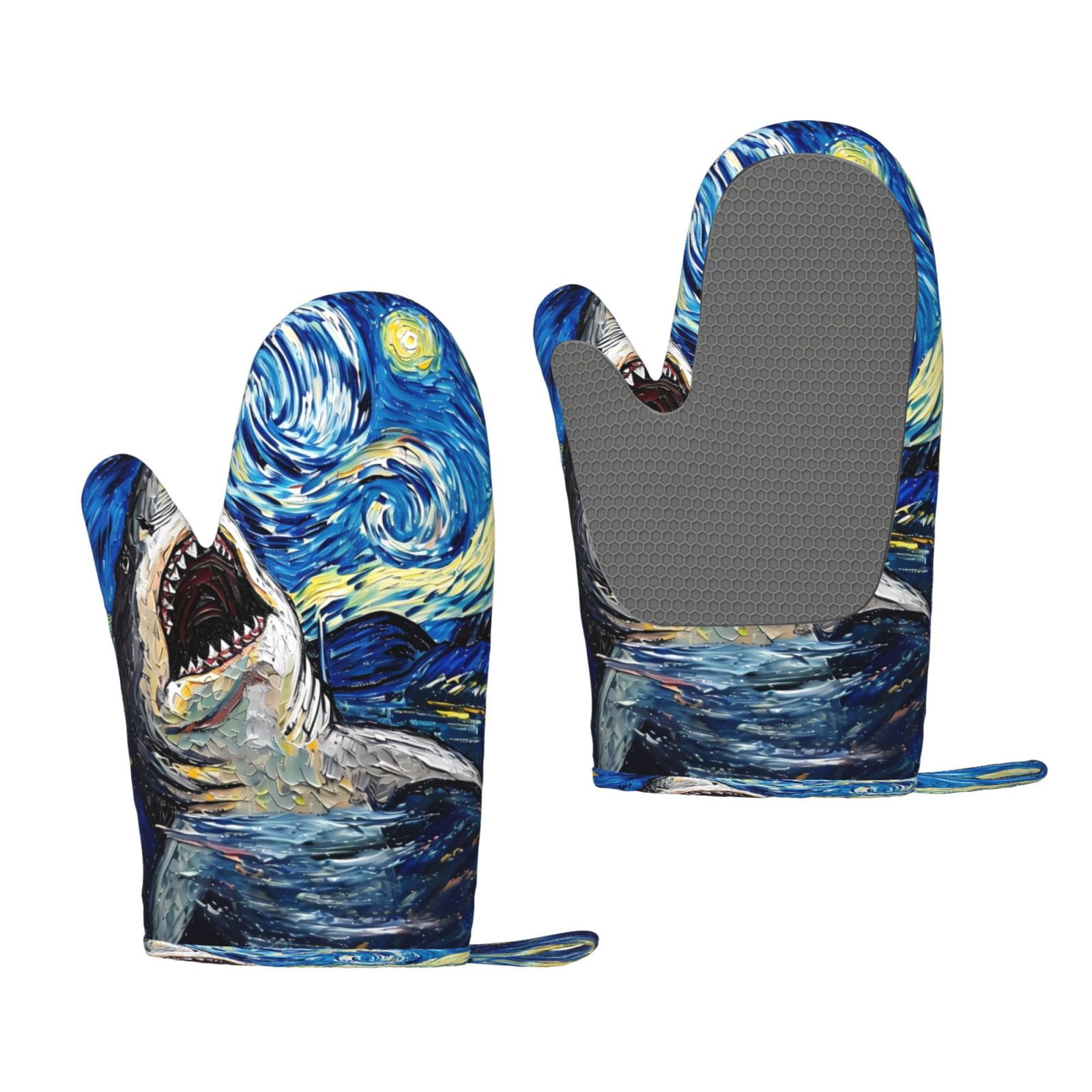Hirioo Vintage Starry Sky Shark for Silicone Oven Mitts for BBQ, Baking ...
