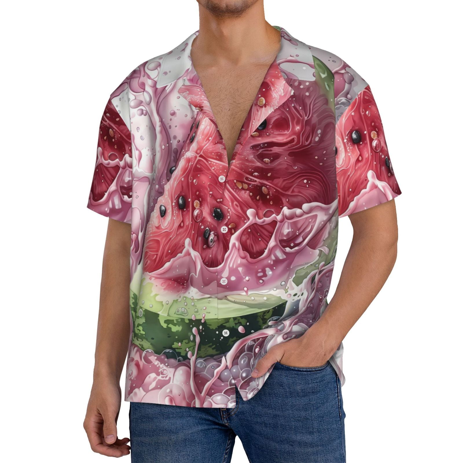 Hirioo Watermelon Splash Realism Art for Men's Cuban Collar Short ...