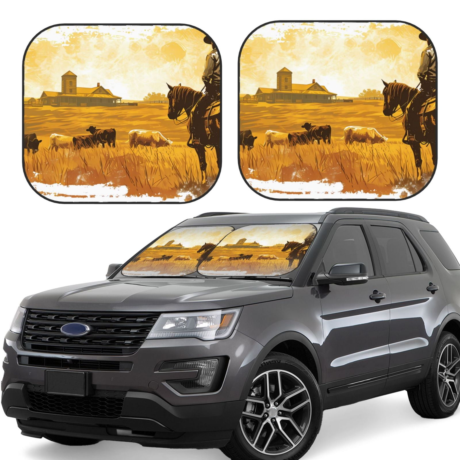 Hirioo Western Cowboy Ranch for 2PCS Windshield Sun Shade Foldable ...