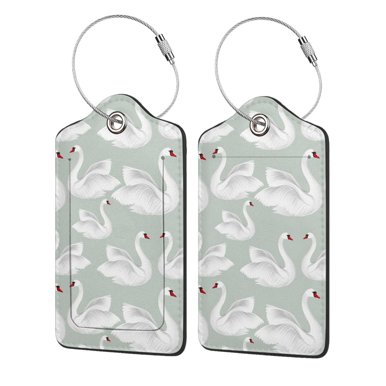 Hirioo White Birds Print Leather Luggage Tag with Stainless Steel Loop ...
