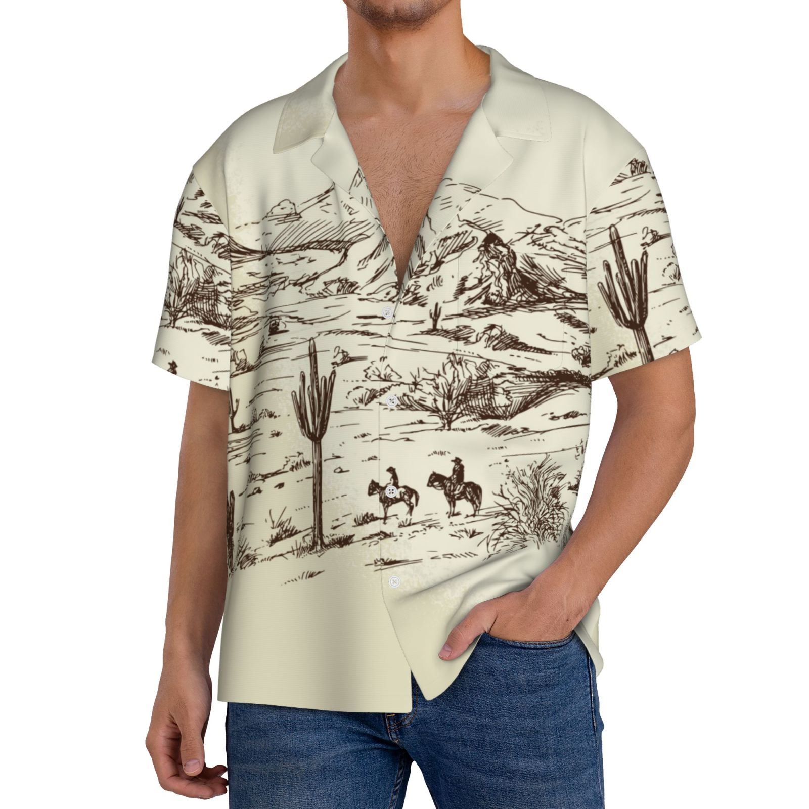 Hirioo Wild West Desert With Cowboys for Men's Cuban Collar Short ...