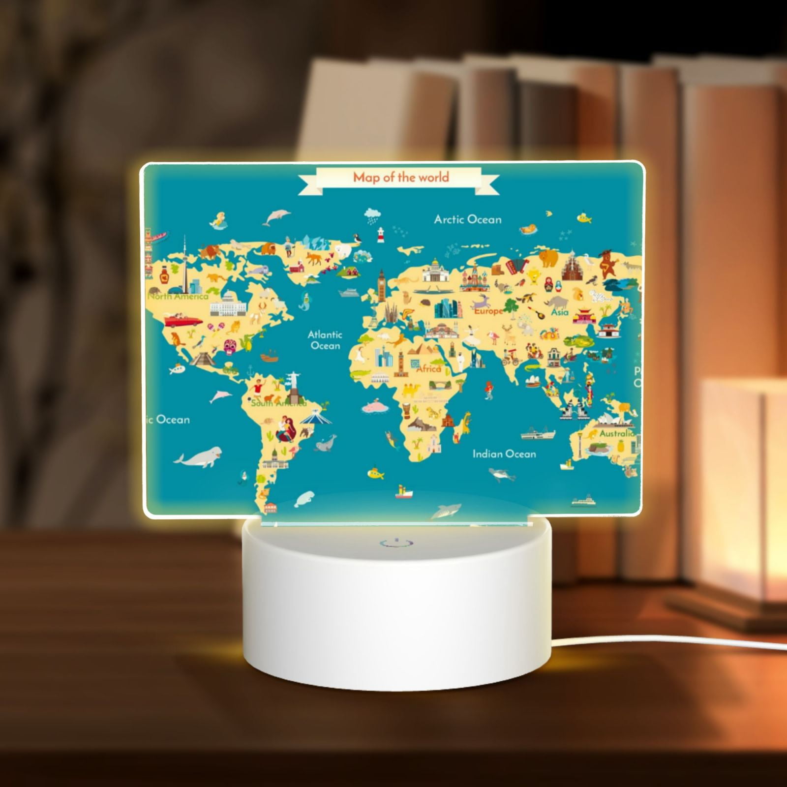 Hirioo World Map With Landmarks for Rectangular Acrylic with Night ...