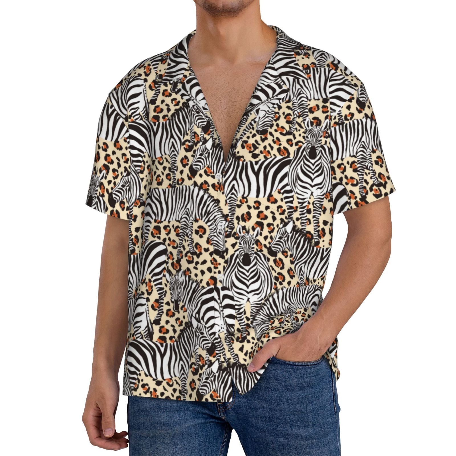 Hirioo Zebra for Men's Cuban Collar Short Sleeve Shirt Button Down ...