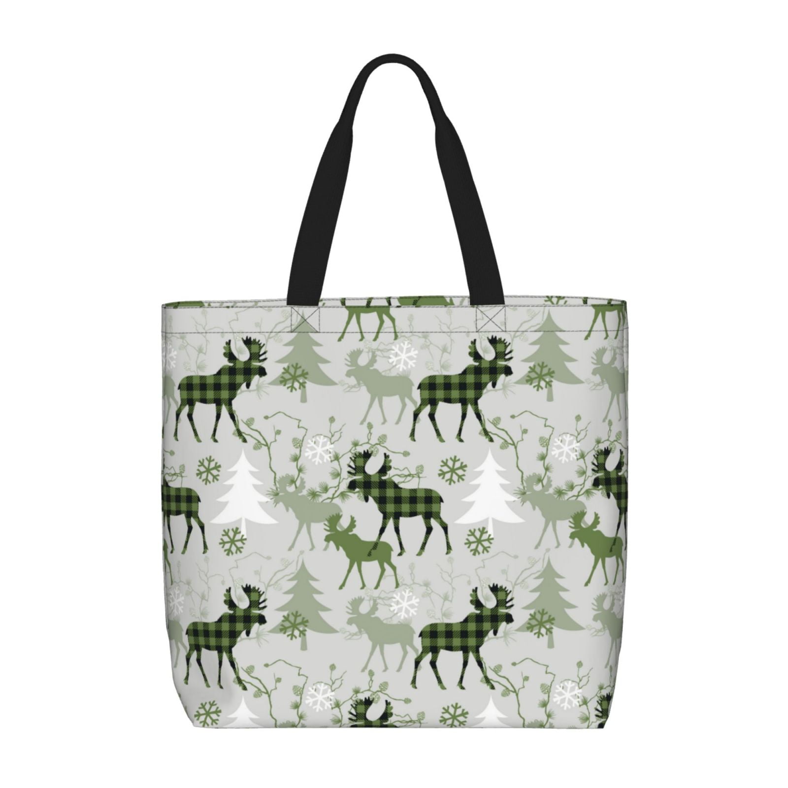 Hirioo green plaid Moose tree for Tote Bag for Women, Quilted Shoulder ...