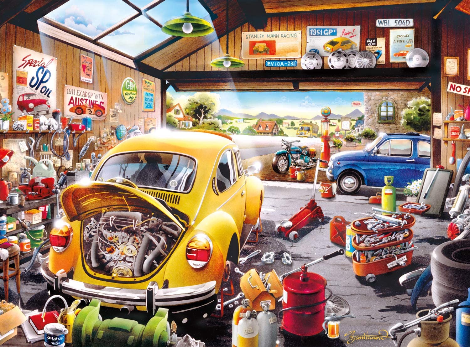 Hiro Tanikawa - Cartoon World - Sam's Garage - 1000 Piece Jigsaw Puzzle Yellow, Red, Brown, 29.5 ...