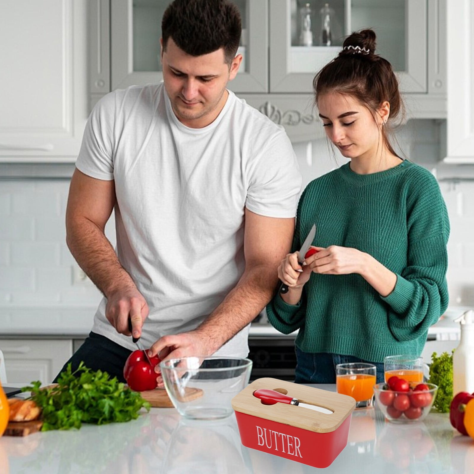 Hiroekza Ceramic Butter Box with Wooden Lid & Built-In Knife – Airtight ...