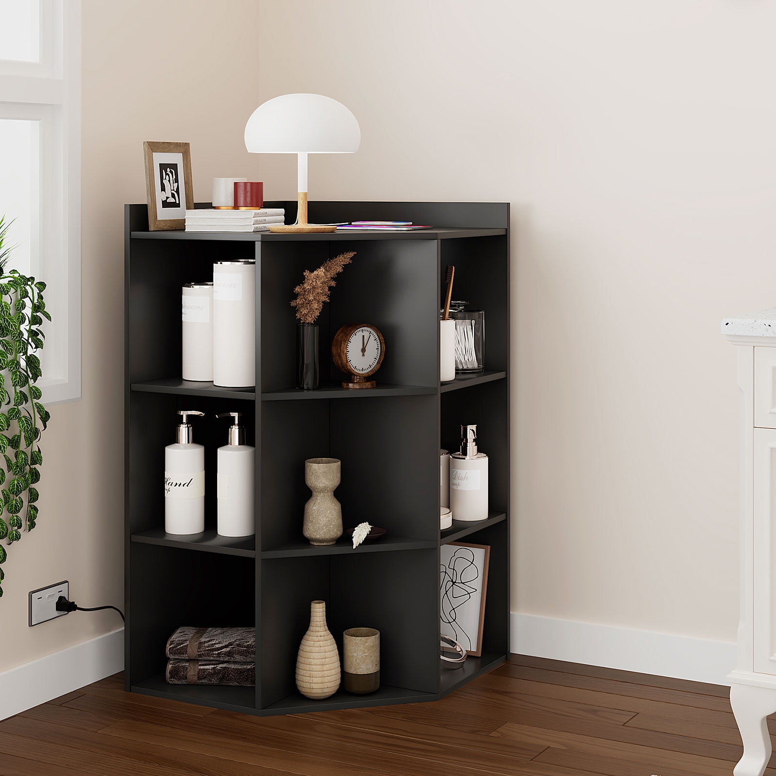 Hironpal Black Corner Cabinet with USB Ports and Outlets,Wooden Cubby ...