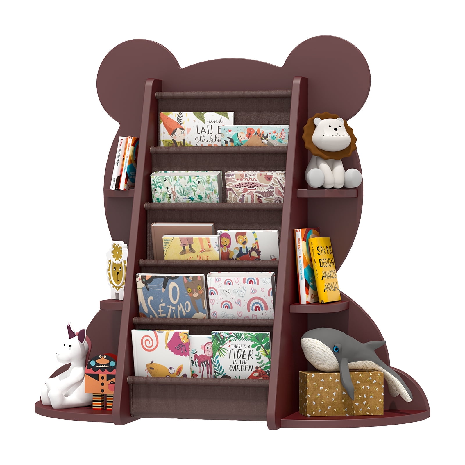 Hironpal Brown Bear 5-Tier Kids Bookshelf Sling Toddler Wood Bookcase ...