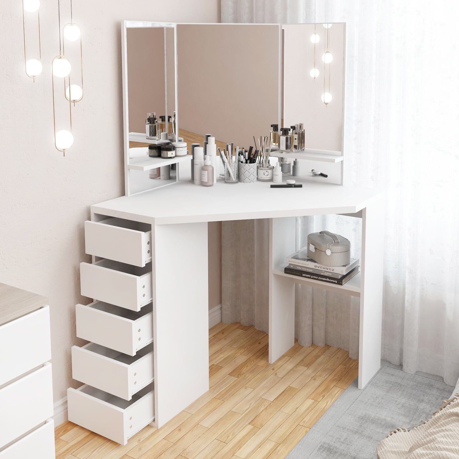 Hironpal Large Corner Vanity Desk Set, Tri-fold Mirror, 5 Storage ...