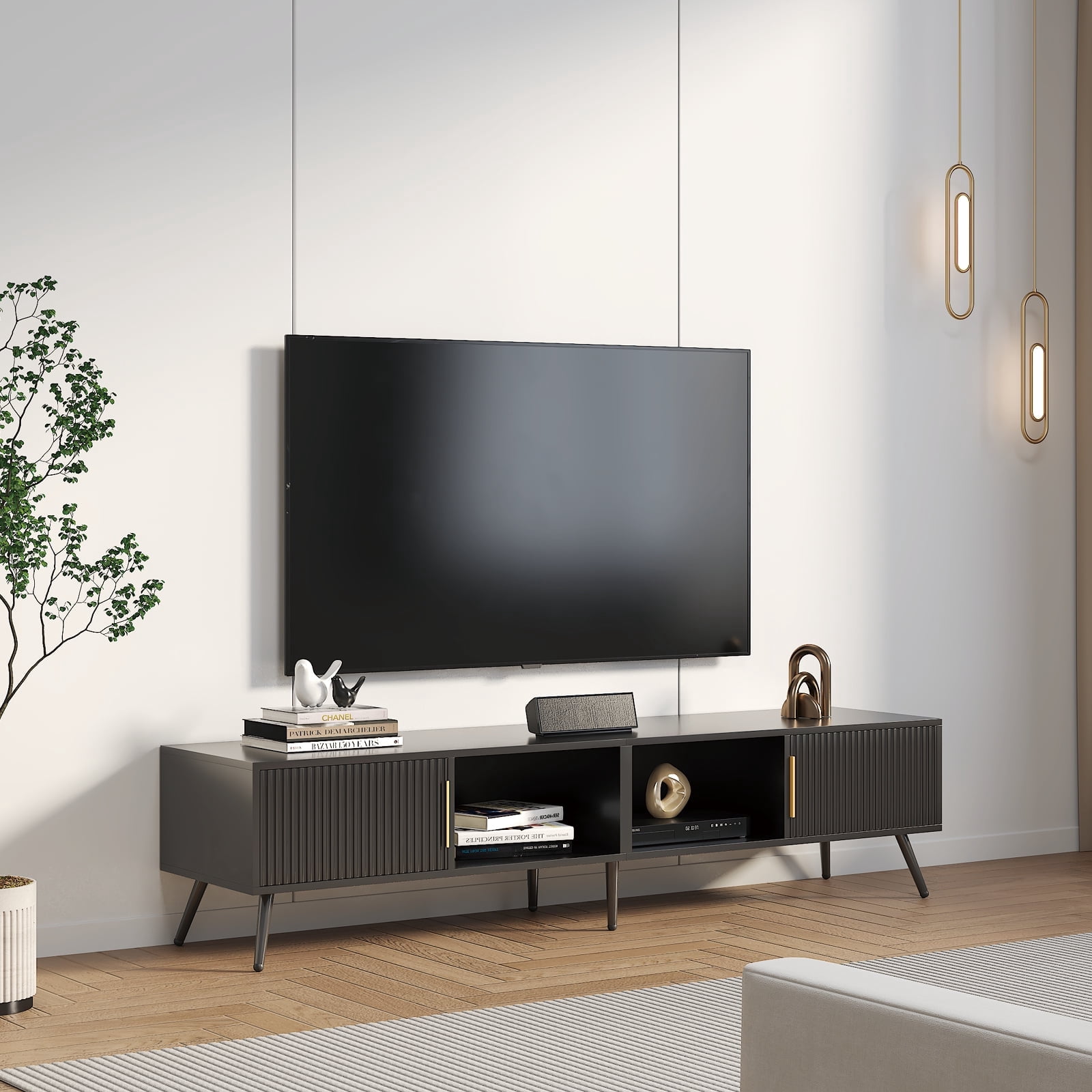 Hironpal Fluted TV Stand for 55 65 70 75 78 inch TV, Modern Chic ...