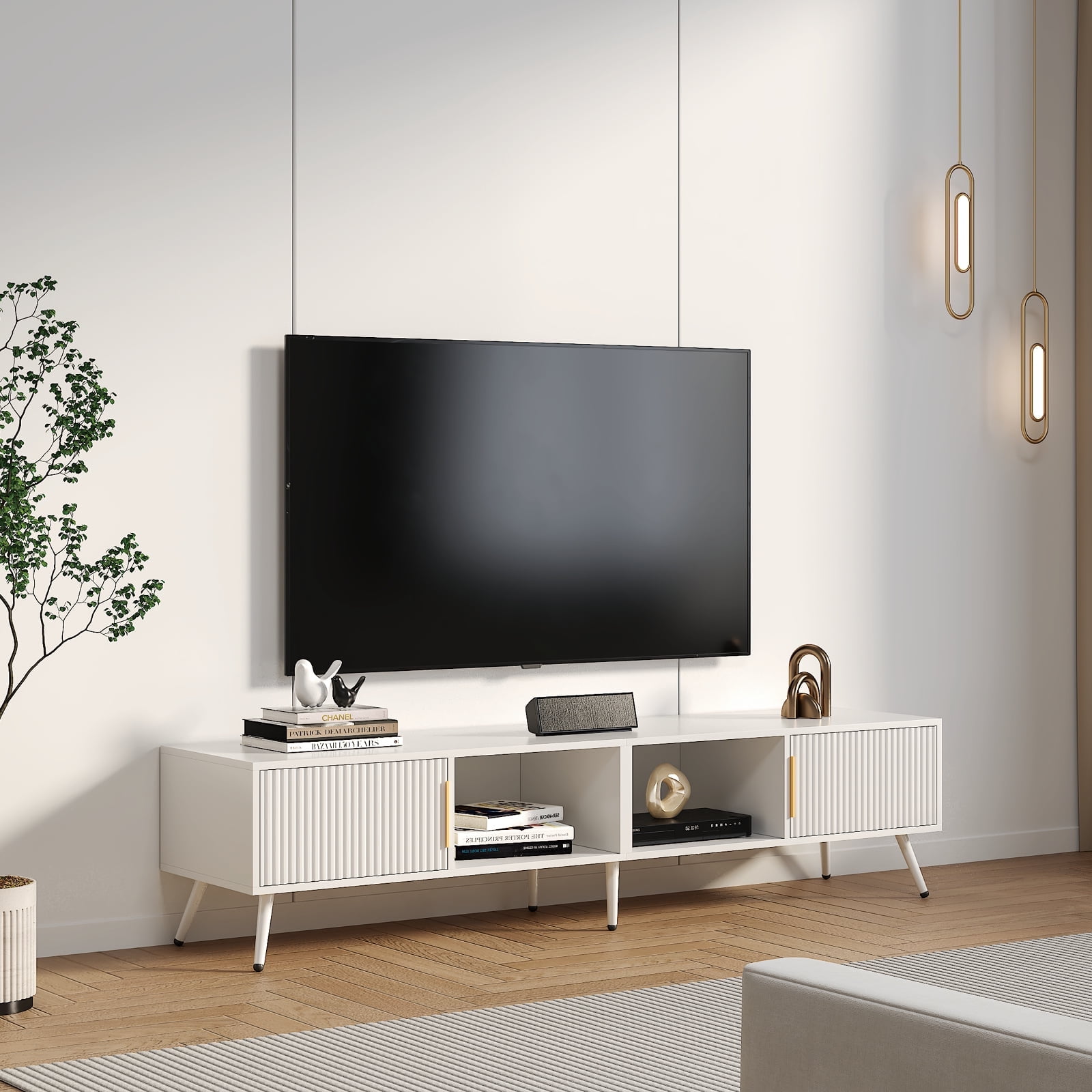 Hironpal Fluted TV Stand for 55 65 70 75 78 inch TV, Modern Chic ...