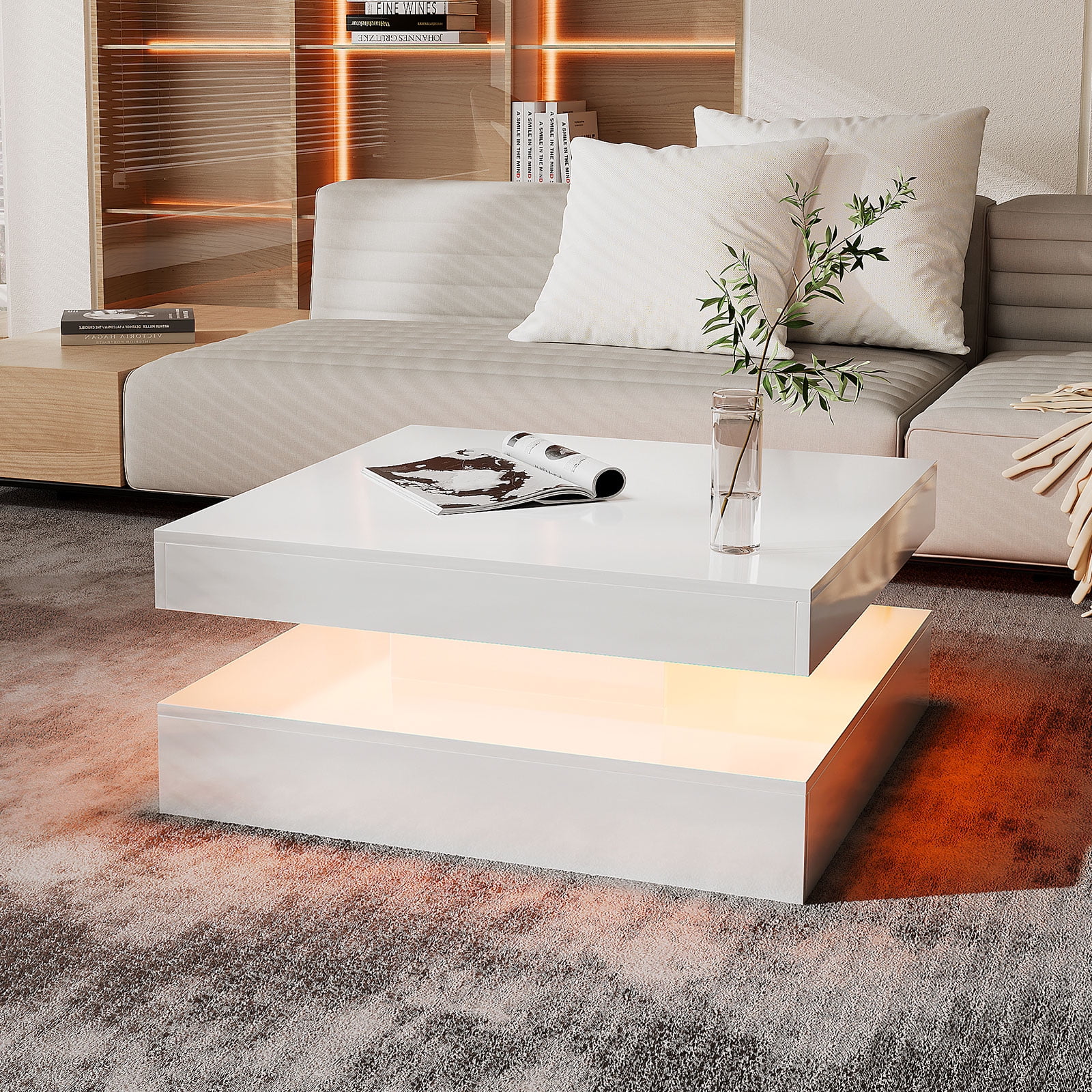 Hironpal LED Coffee Table, High Gloss Minimalist, 2-Tier, USB Port ...