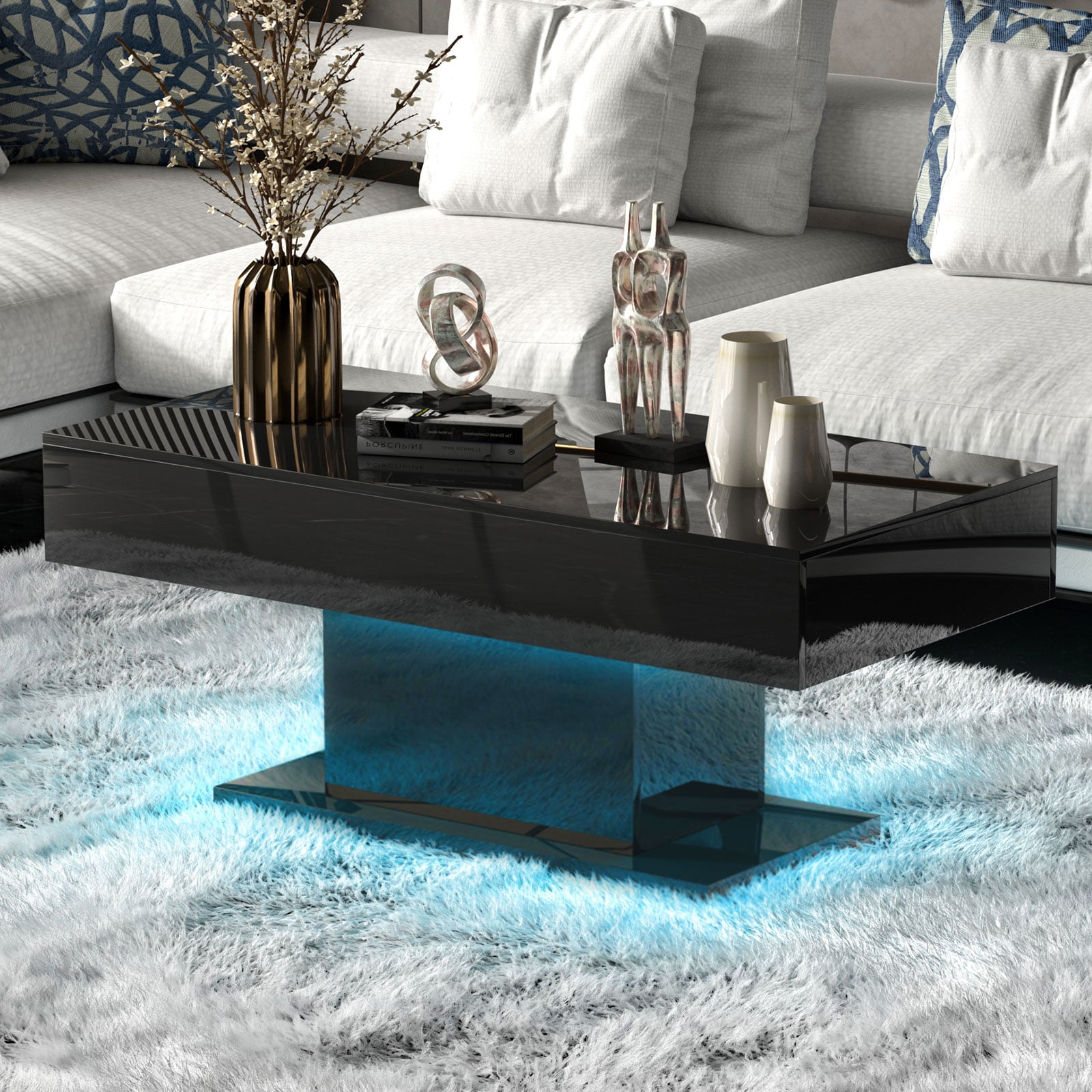 Hironpal Modern High Gloss LED Coffee Table, 16 Colors Light, Black for ...