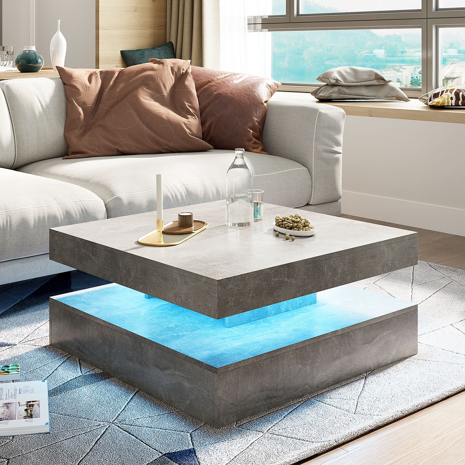 Hironpal LED Coffee Table, USB Modern 2-Tier Square Design with 16 ...