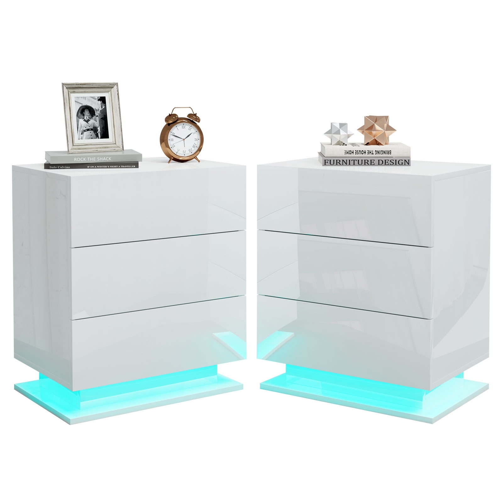 Hironpal LED Nightstand Set of 2, Modern Bedside Table with 3 Drawers ...