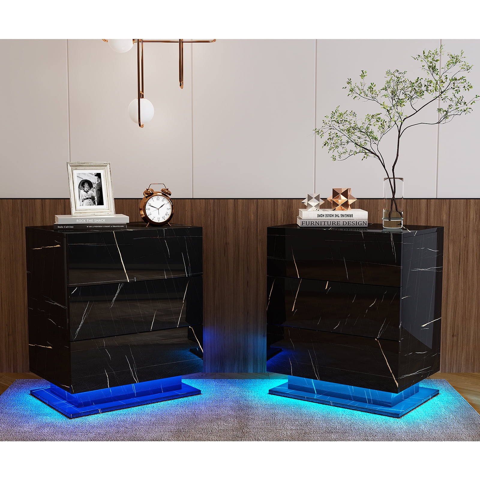 Hironpal LED Nightstand Set of 2, Modern Bedside Table with 3 Drawers ...